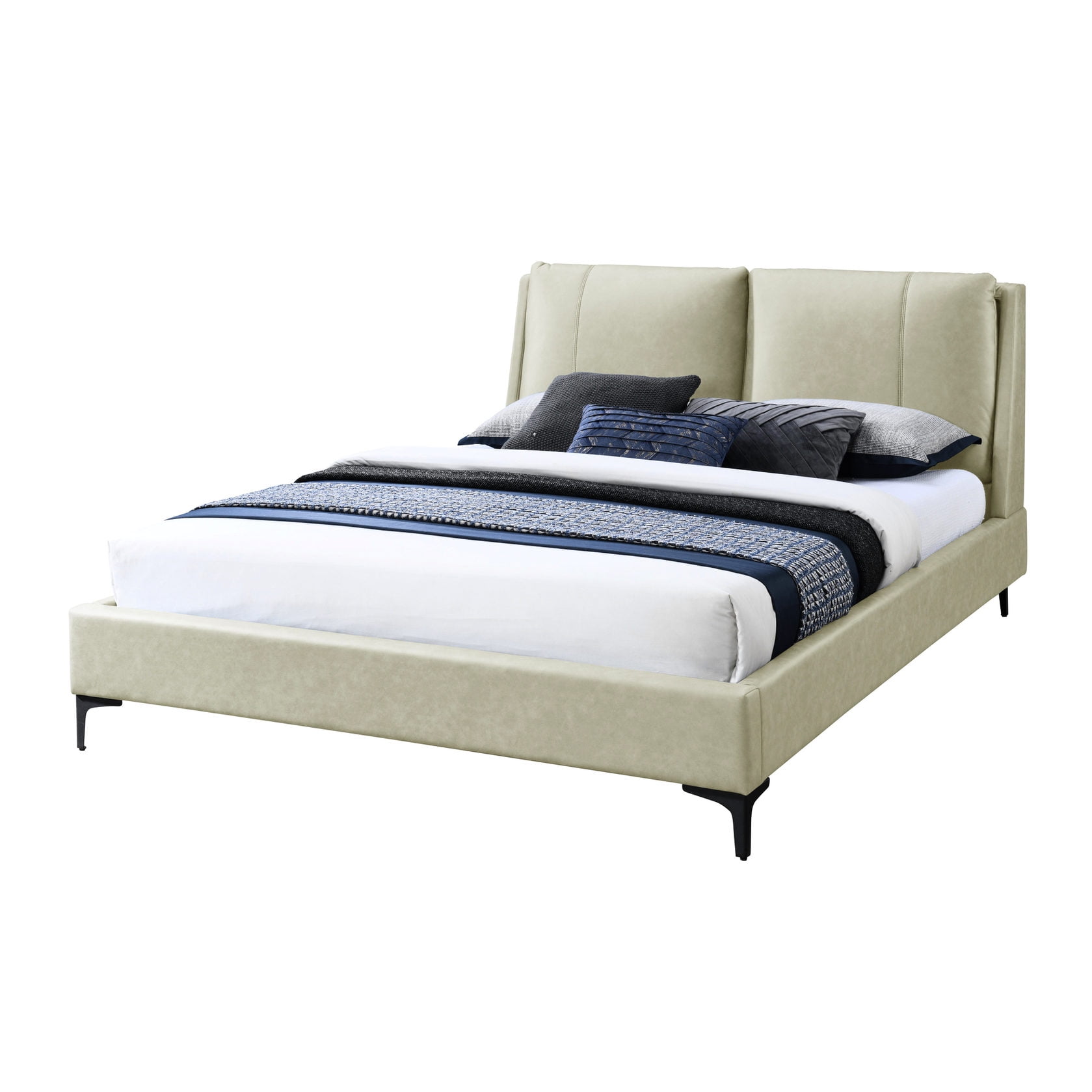 Upholstered Tan King Bed, Platform Design and Pillowed Headboard | Fits ...