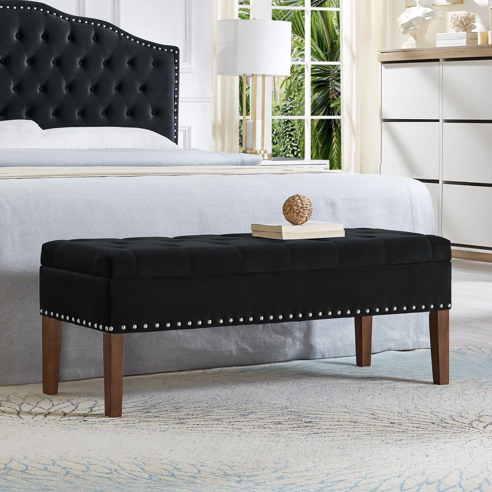 Upholstered Tufted Bench with Trim and Soft Velvet Fabric, Soft Padded ...