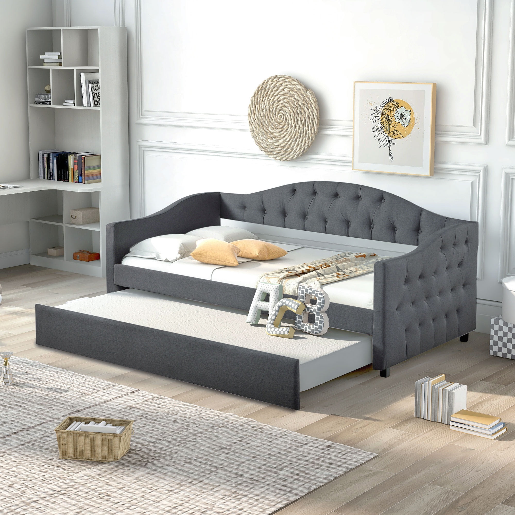 Upholstered Tufted Daybed, Twin Daybed with Pull Out Trundle, Daybed ...