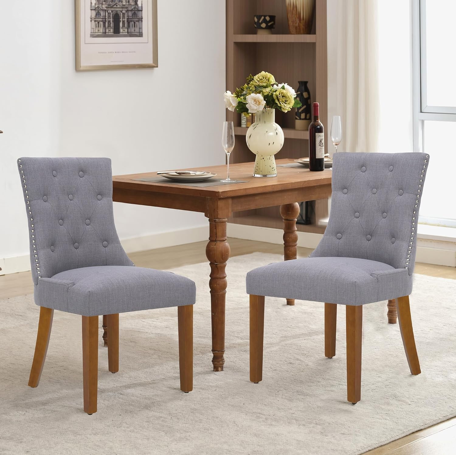 Upholstered Tufted Dining Chairs Set of 2, Fabric Side Dining Room ...