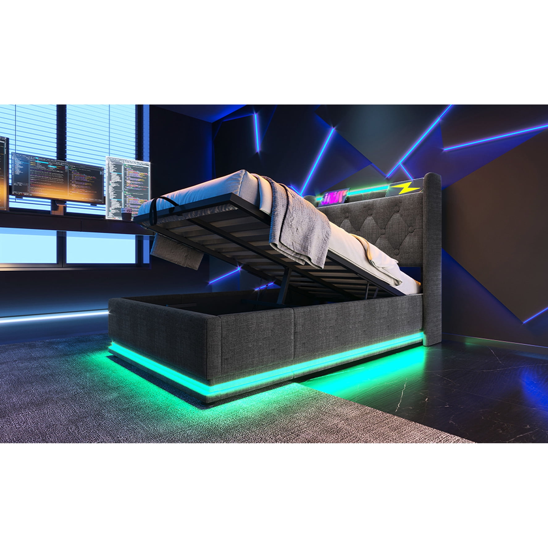 Upholstered Twin Bed / Classic Tufted Headboard, Hydraulic Storage / Offers Ample Storage for ...