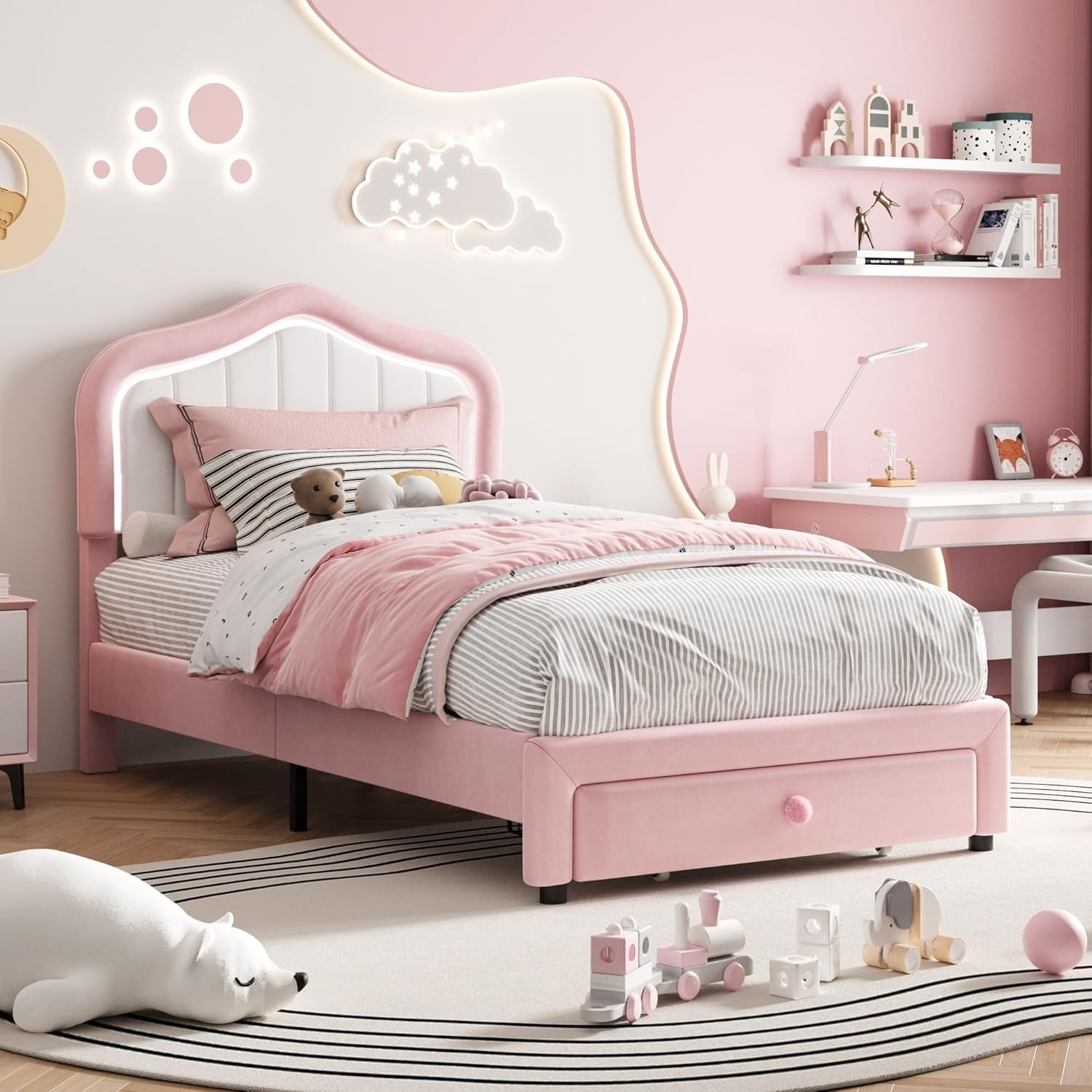 Garvee Upholstered Twin Size LED Bed Frame with Storage Drawer | Velvet ...