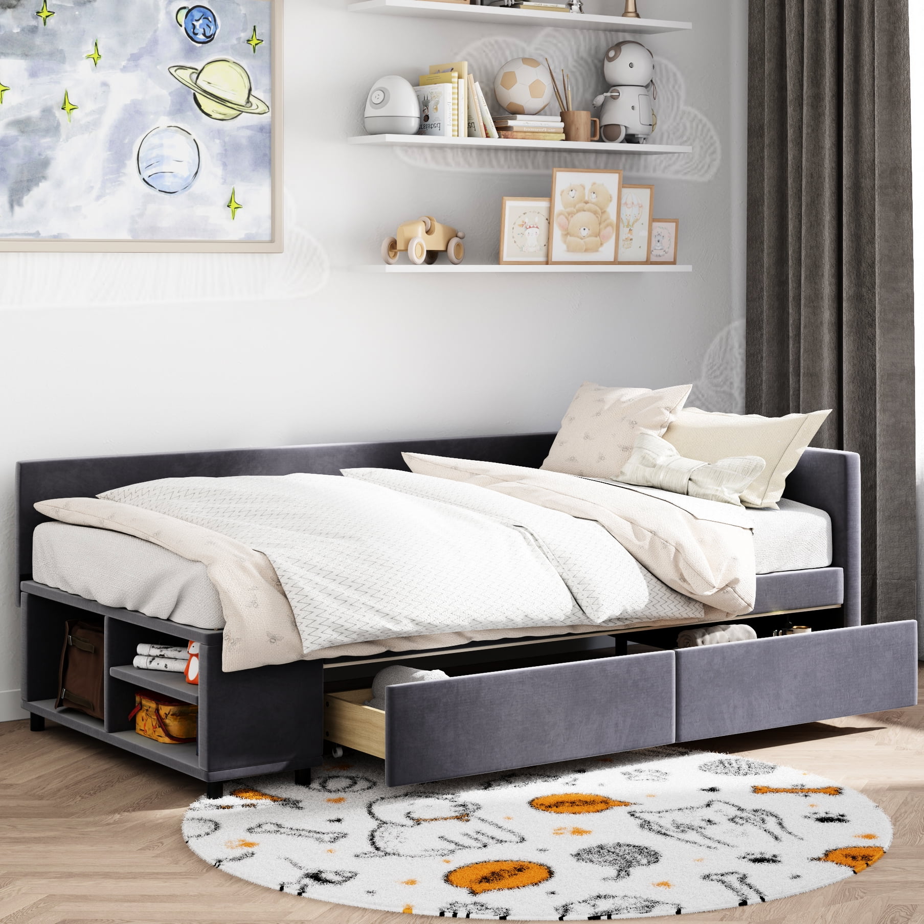 Upholstered Twin Bed With Gray Velvet And Practical Side Storage ...