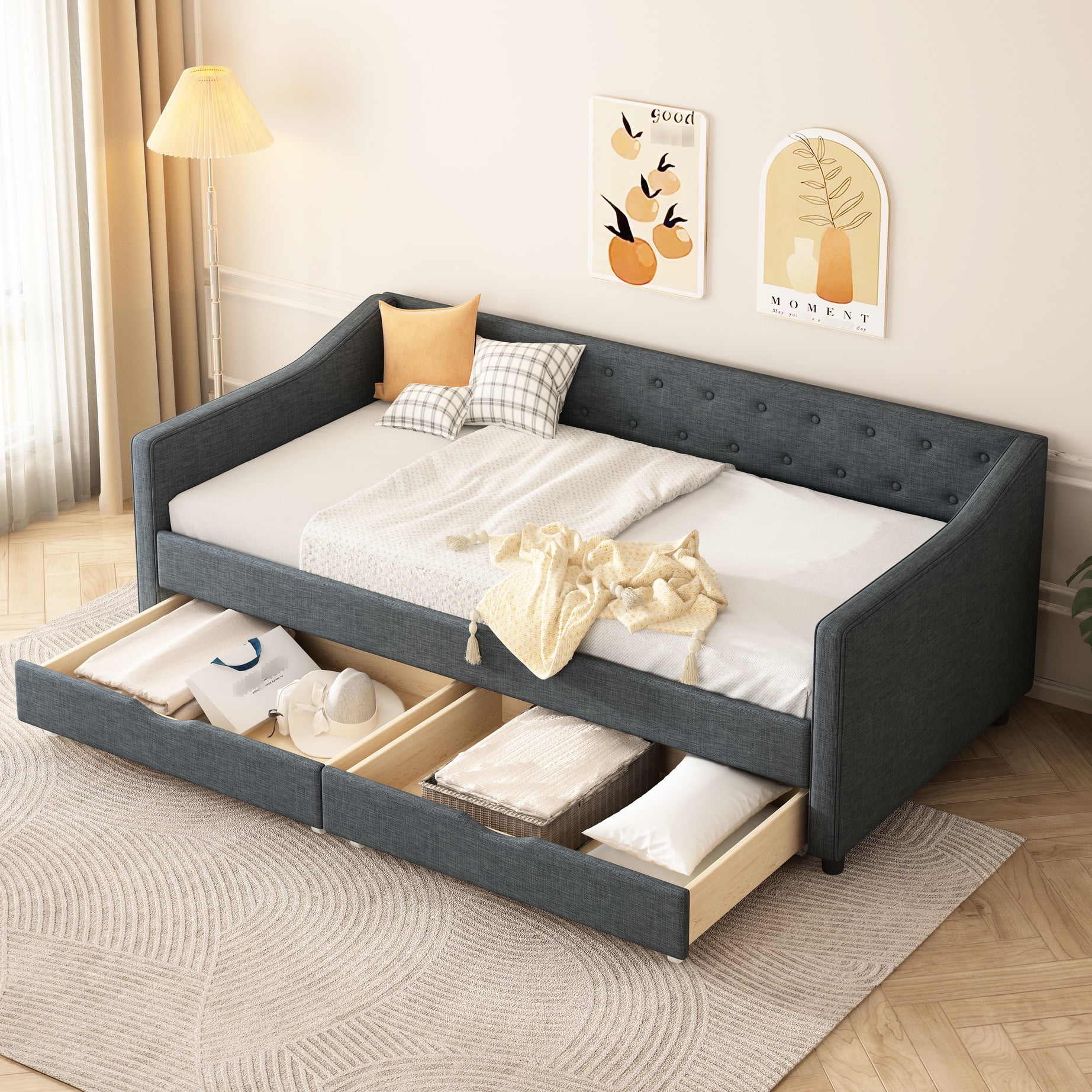 Upholstered Twin Daybed With Drawers: Bed In Dark Grey Button Back And ...