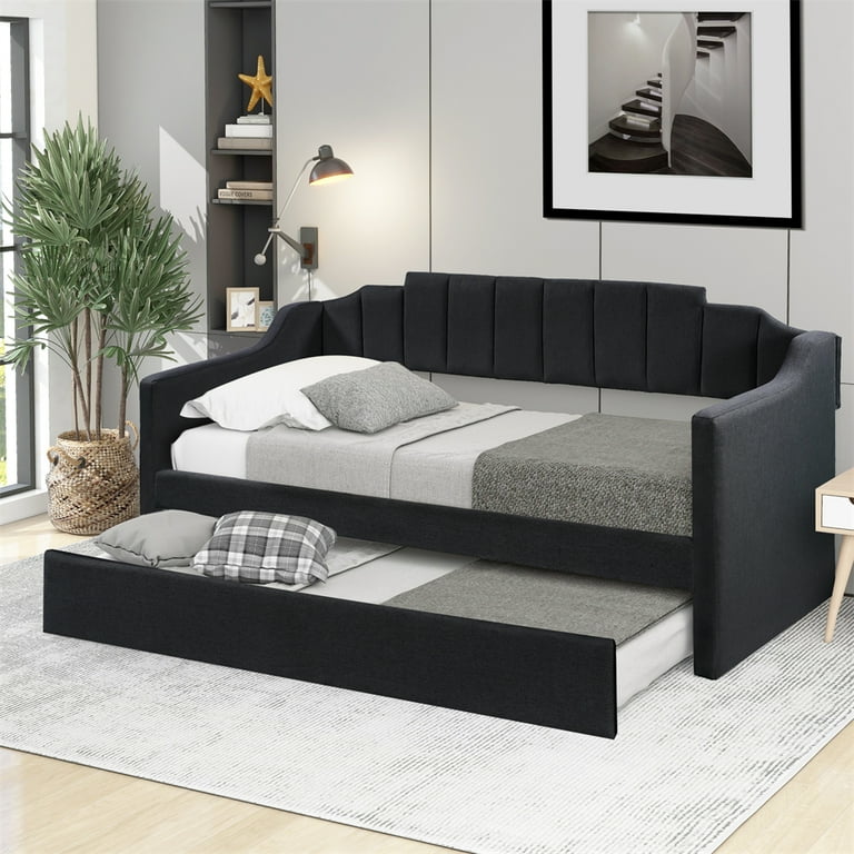 Deyobed Twin Size Upholstered Daybed with Trundle Twin Sofa Bed Day Bed Frame for Living Room Bedroom Guest Room Twin size Black