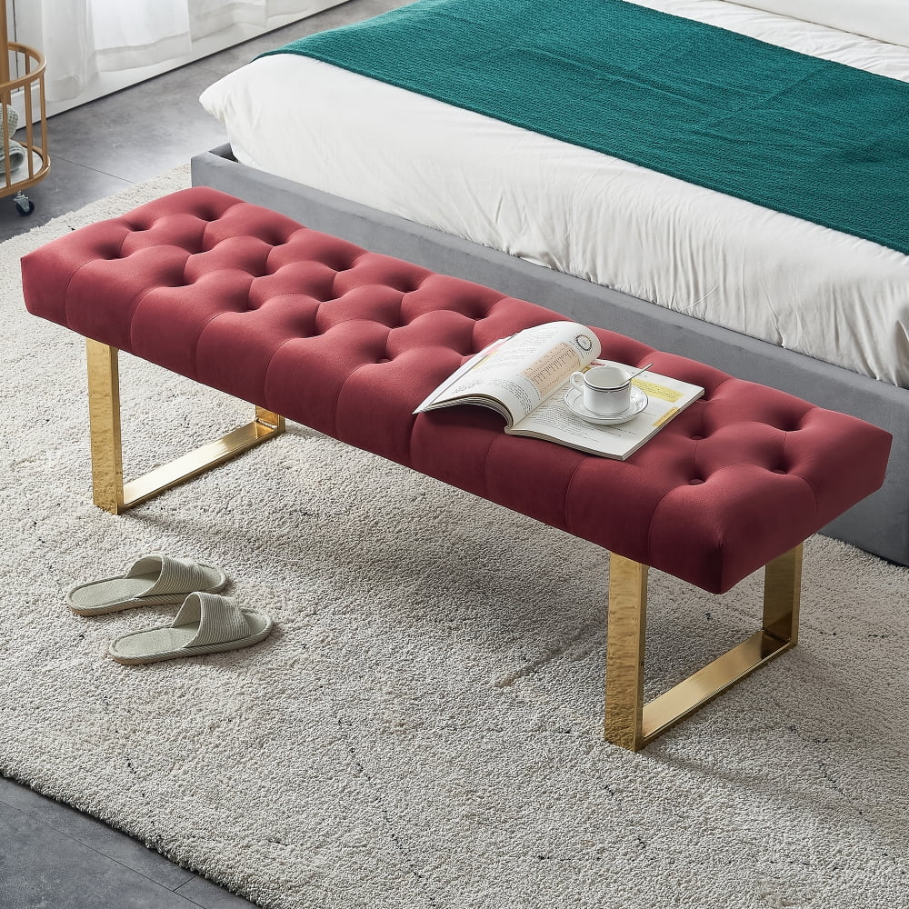 Upholstered Velvet Chair Bench with Gold Metal Legs,Button Tufted Shoe ...