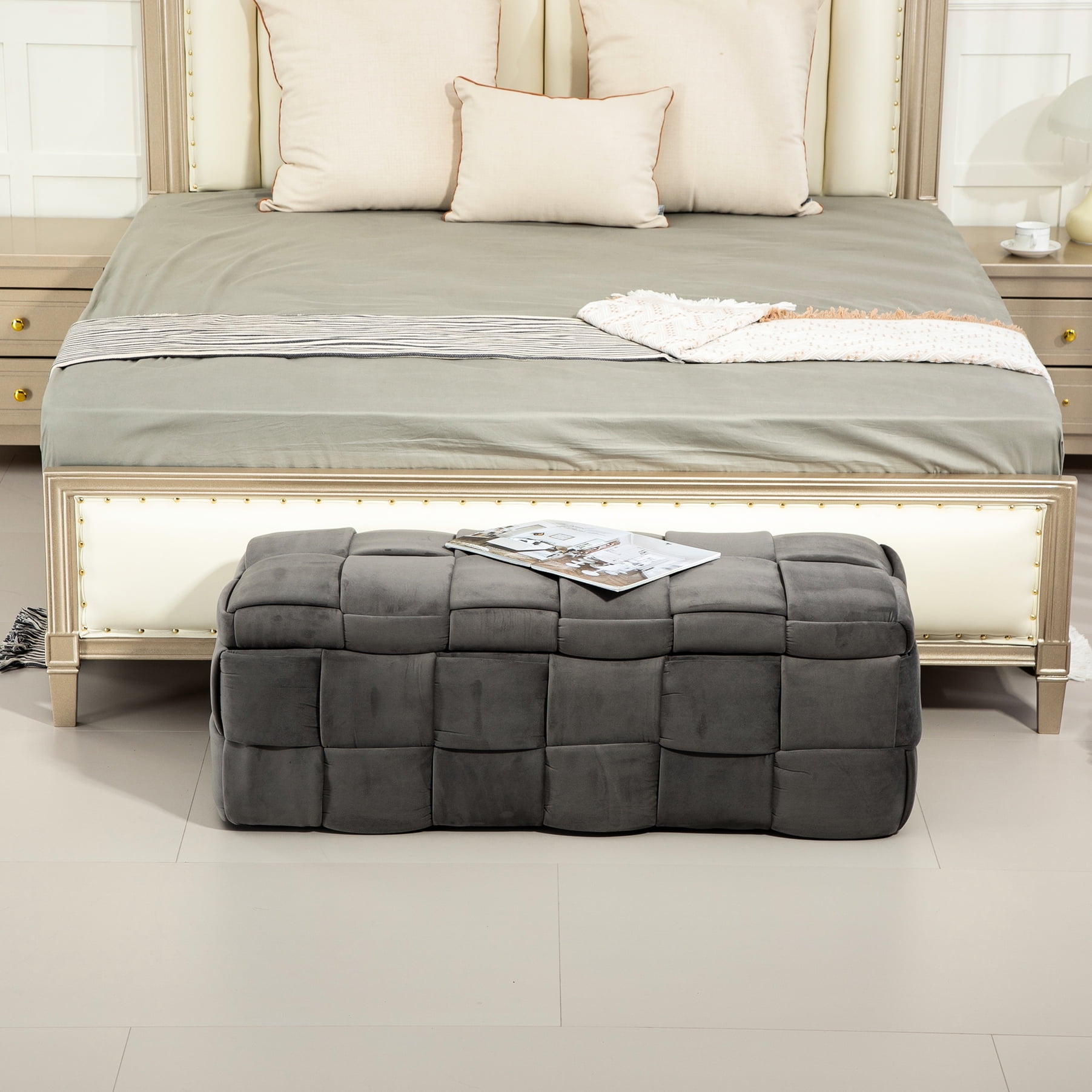 Upholstered Velvet Storage Bench For Living Room & Bedroom - Gray ...