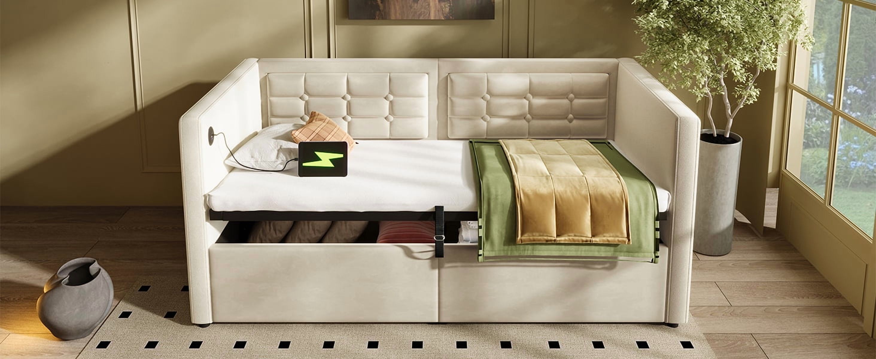 Upholstered Velvet Twin Daybed with Hydraulic Storage, USB & Type-C ...