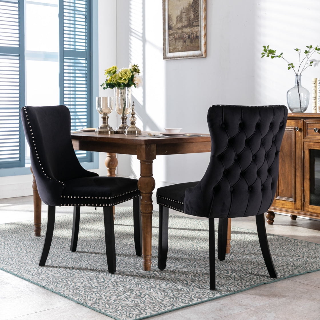 Upholstered Wing-Back Dining Chair, Velvet Dining Chairs Set of 2 with ...