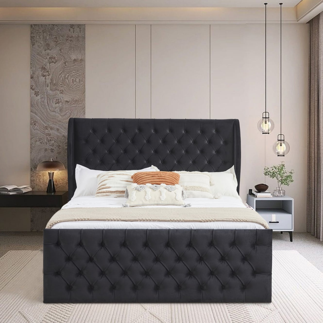 Upholstered Wingback Chesterfield Platform Bed, Velvet Fabric Button ...