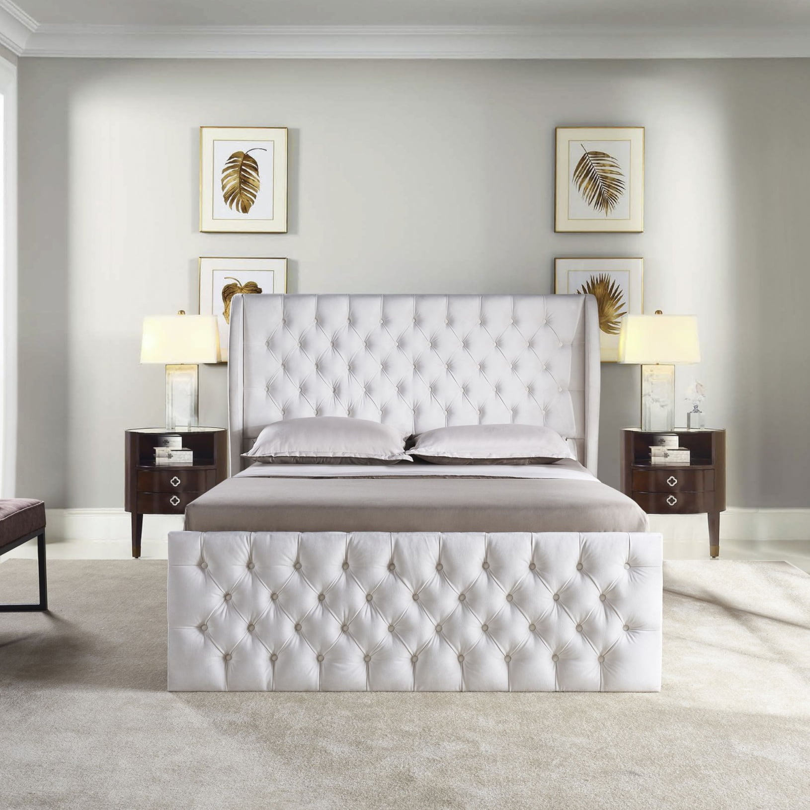 Upholstered Wingback Chesterfield Platform Bed, Velvet Fabric Button ...