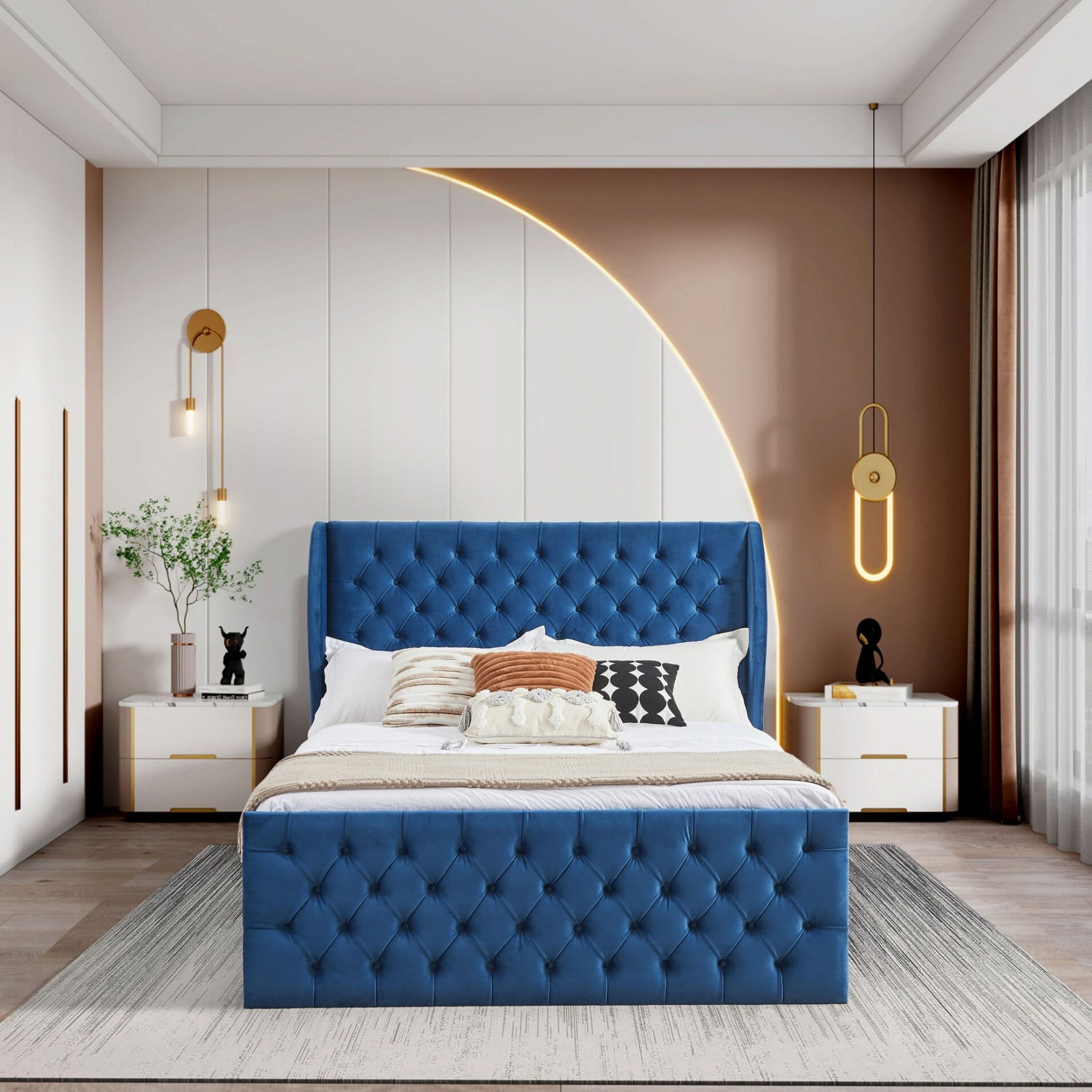 Upholstered Wingback Chesterfield Platform Bed, Velvet Fabric Button ...