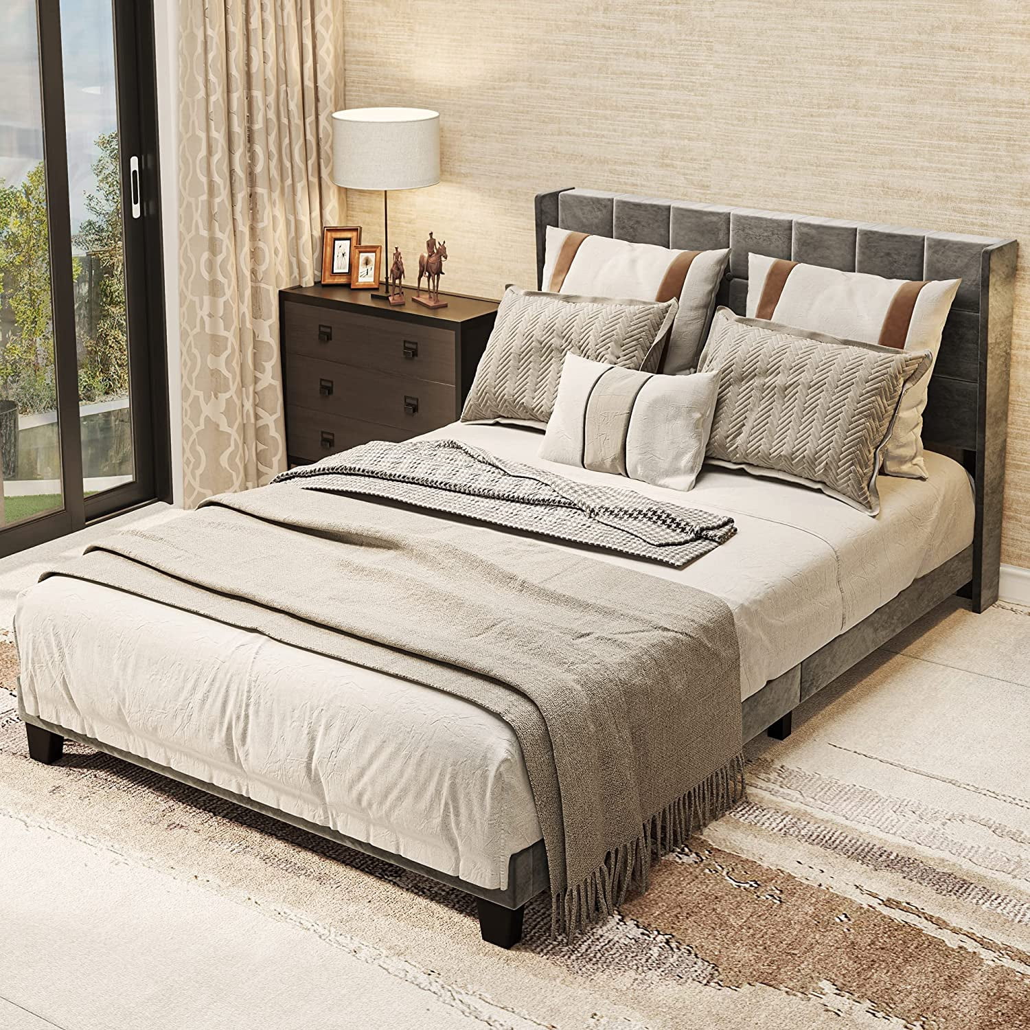 Upholstered Wingback Platform Bed with Headboard Bed Frame with Wood ...
