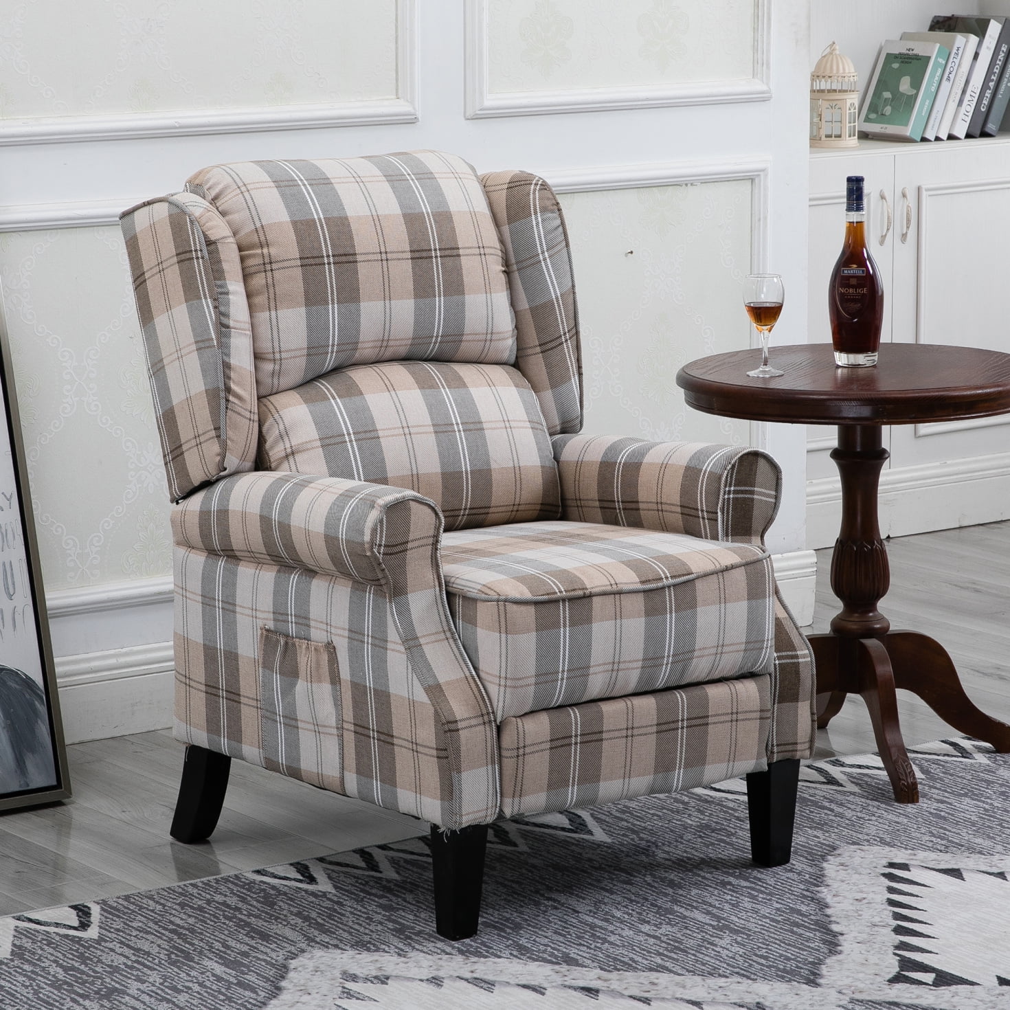 Upholstered Wingback Recliner Chair, Plaid Recliner Chair Armchair with ...