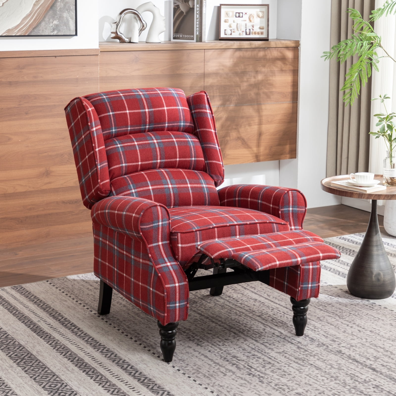 Upholstered Wingback Recliner Chair, Plaid Recliner Chair Armchair ...