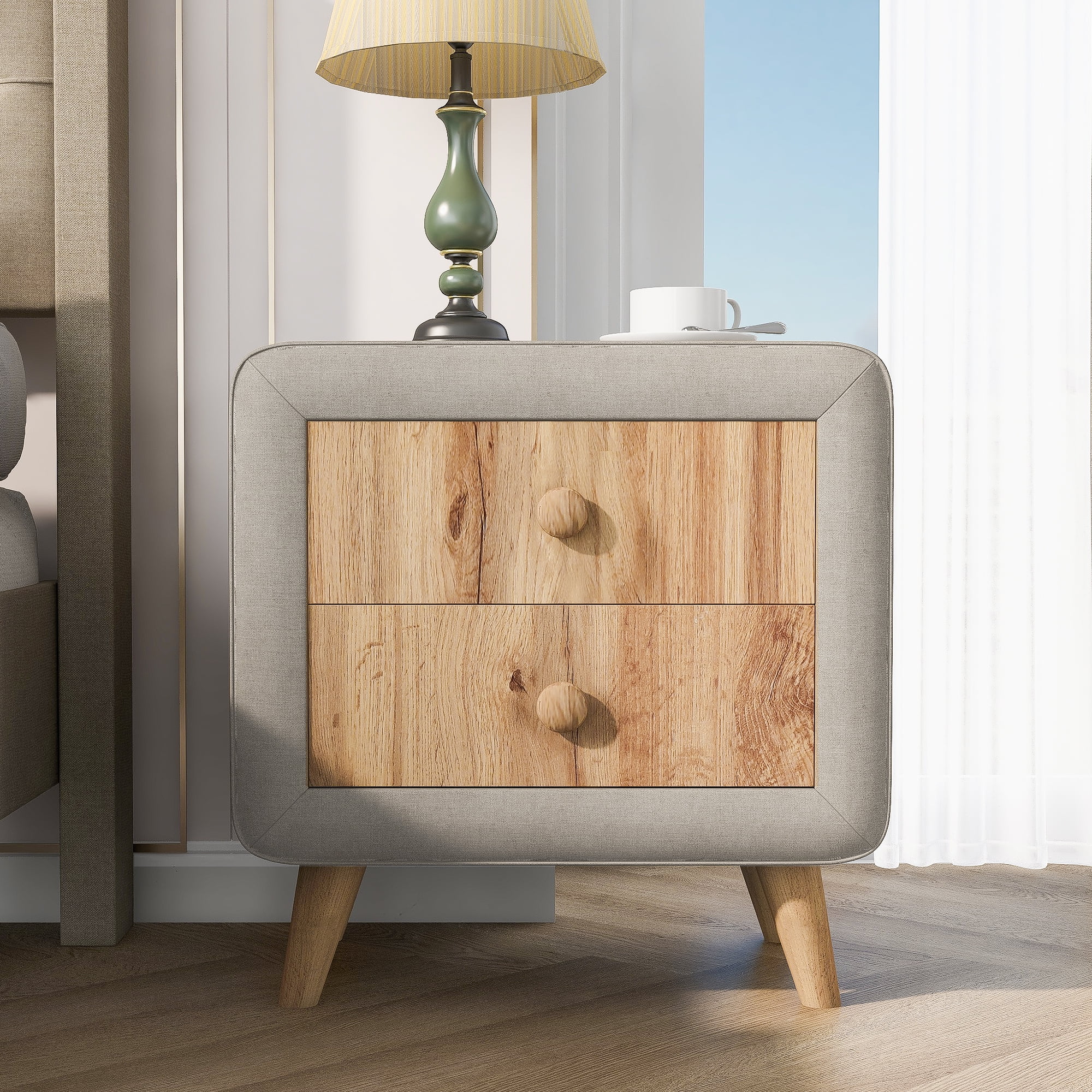 Upholstered Wooden Night Stand with 2 Drawers and Rubber Wood Leg ...