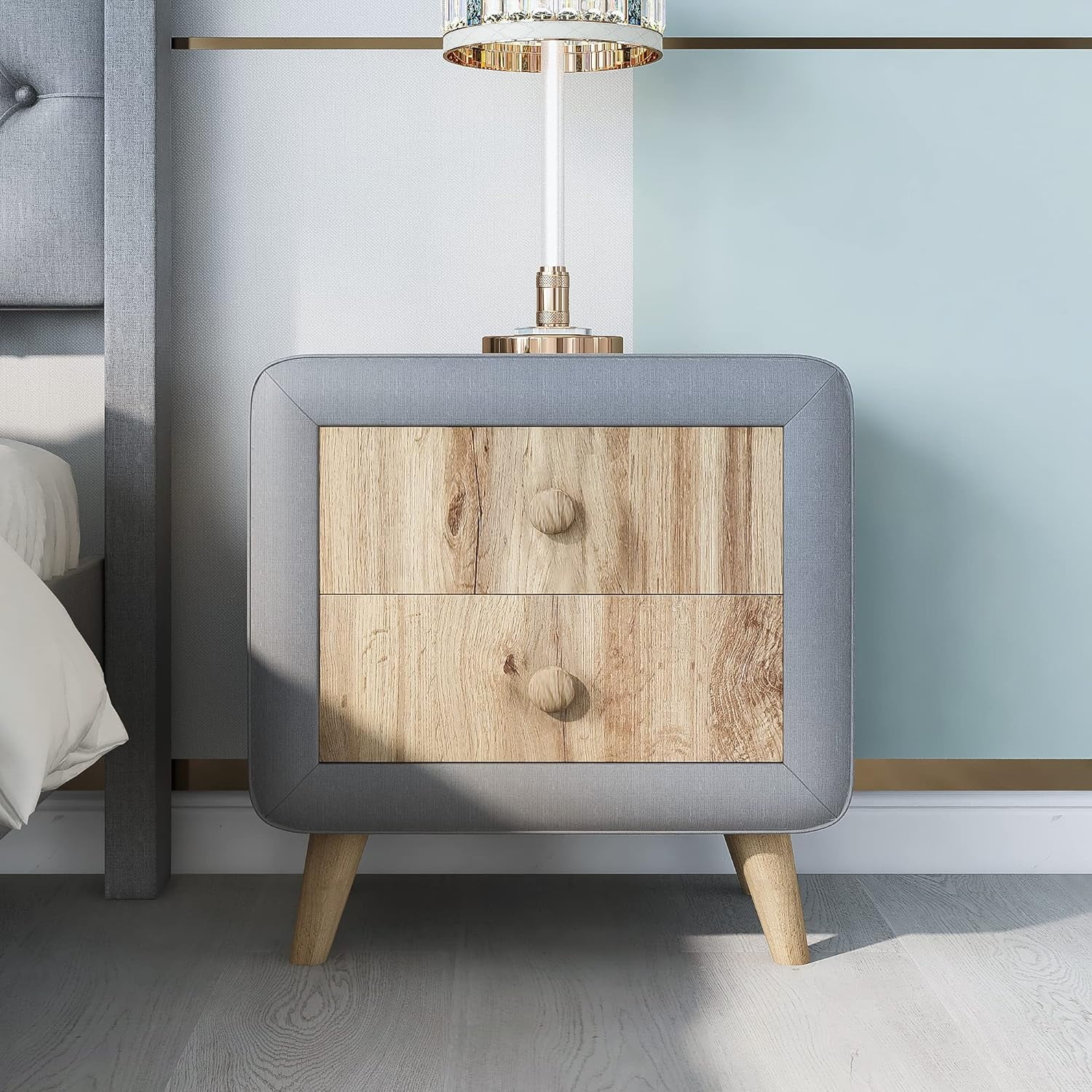 Upholstered Wooden Nightstand-2 Drawer Bedside Table with Rubber Wood ...