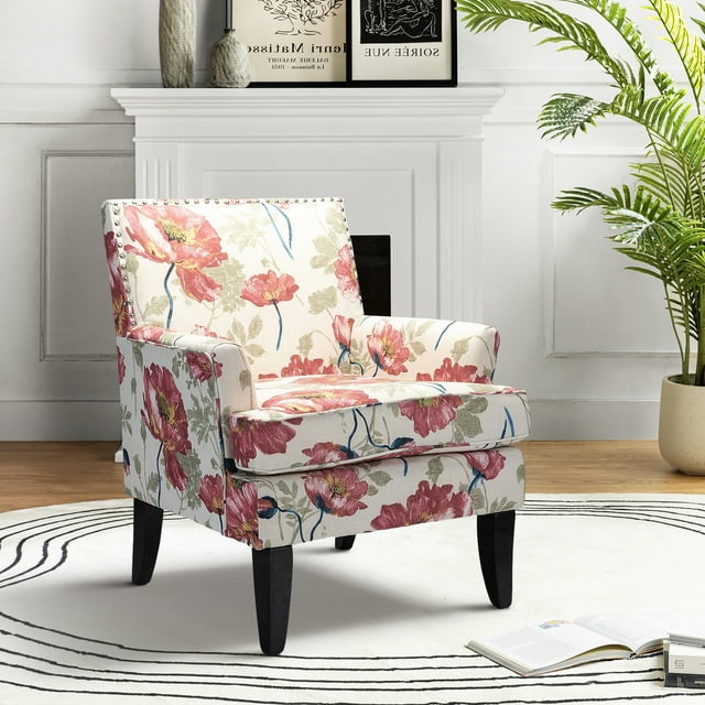 Red Floral Accent Armchair with Wood Legs and Nailhead Trim for Living Room, Bedroom - Walmart.com