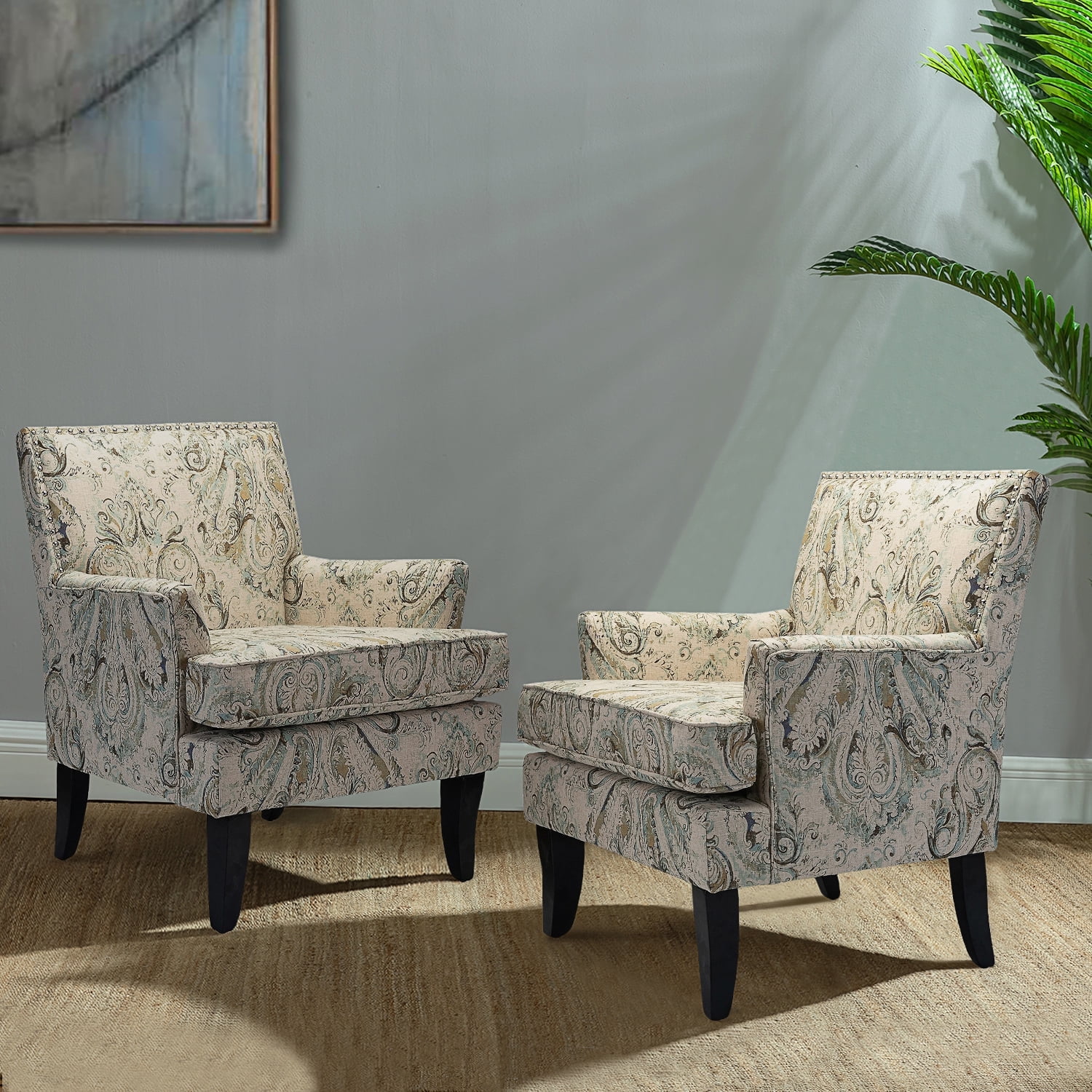 Set of 2 Upholstery Armchairs, Floral Accent Chairs with Wood Legs and ...