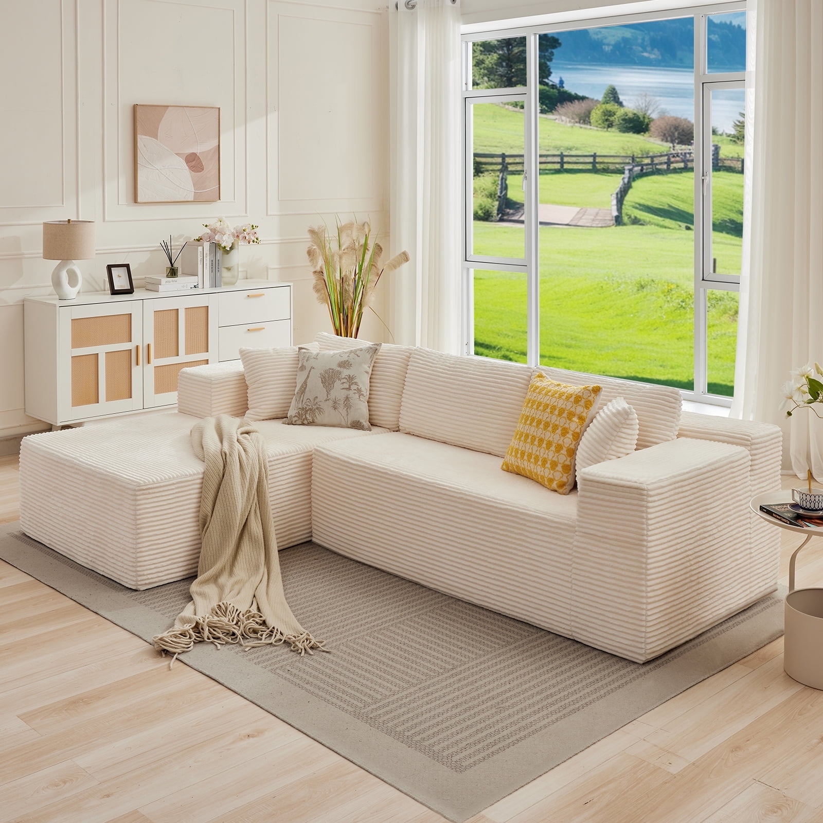 Upholstery Corduroy Sofa Cloud Sectional Couch with L-Shape Chaise ...