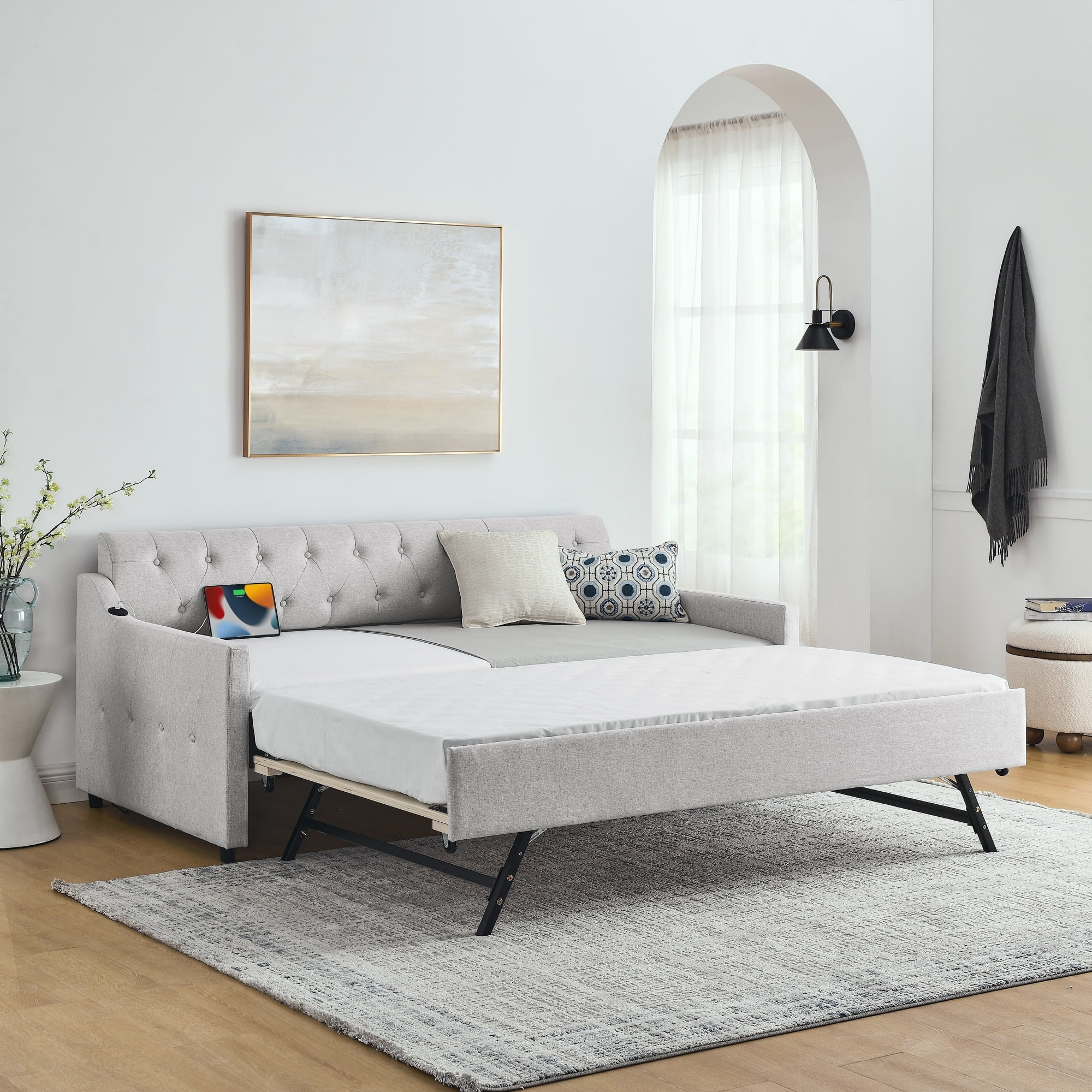 Upholstery DayBed with Erectable Trundle and USB Charging Design, Linen ...