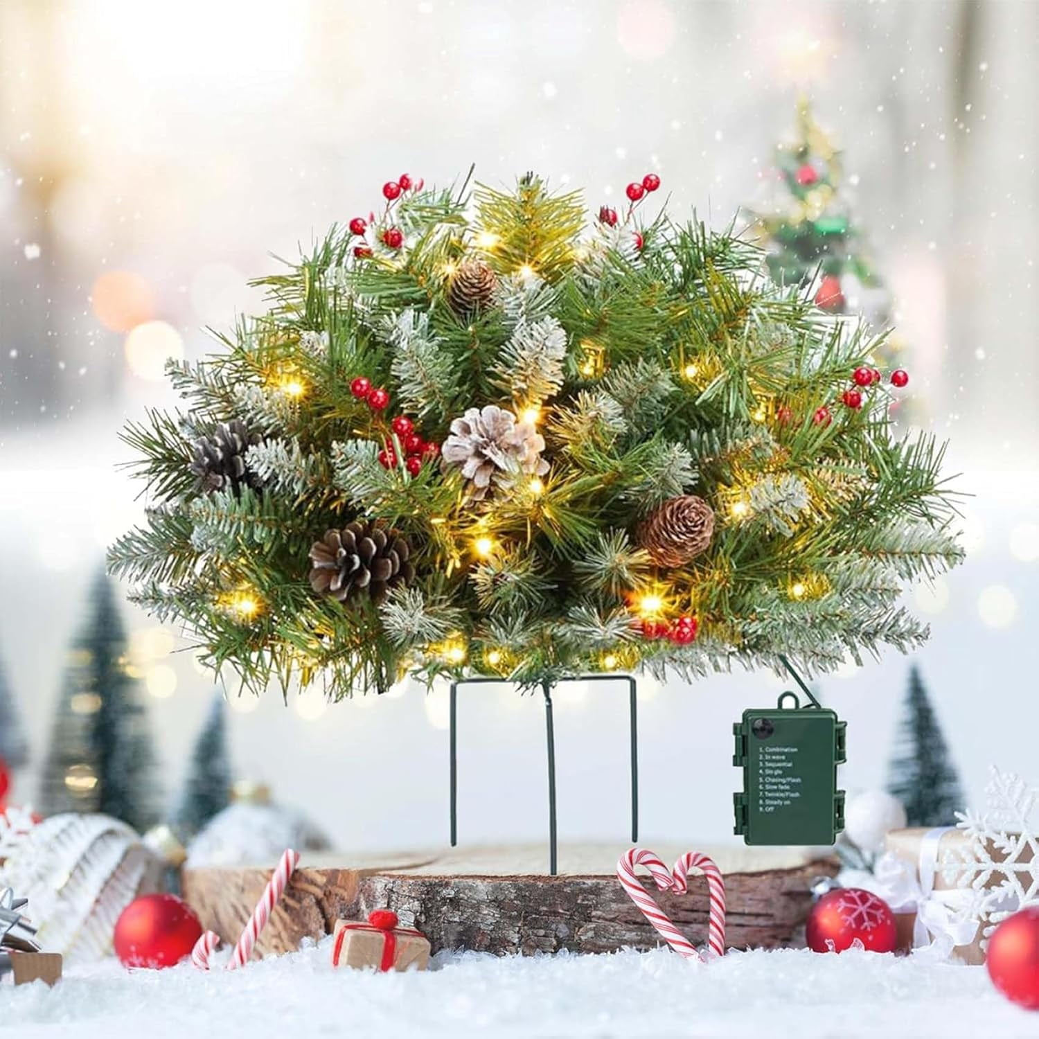 Upliftjoys Pre-Lit Artificial Christmas Tree Urn Filler, 18 Inch Pre ...