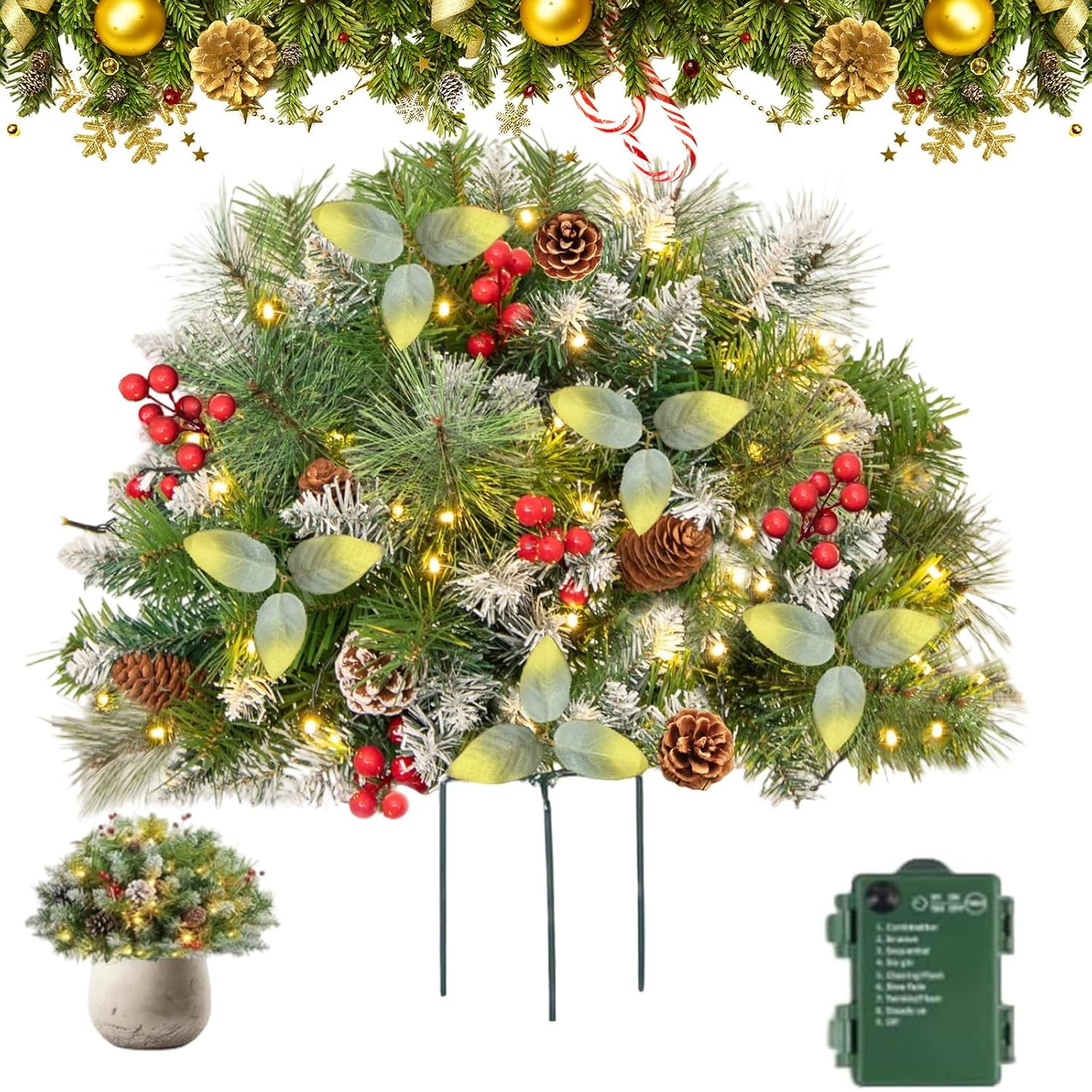 Upliftjoys Pre-Lit Artificial Christmas Tree Urn Filler, Lighted ...