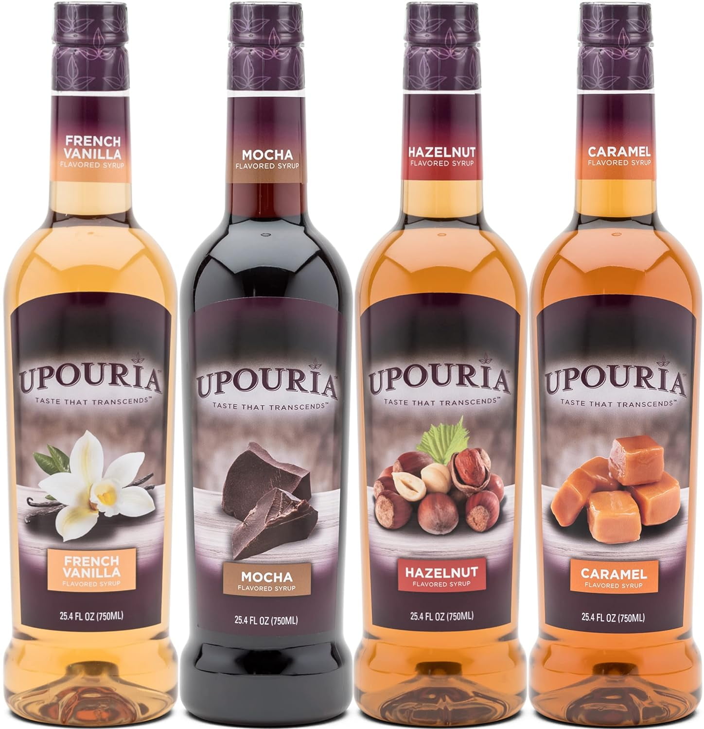 Upouria Coffee And Tea Flavoring Syrup Variety Pack French Vanilla Mocha Hazelnut Caramel 100