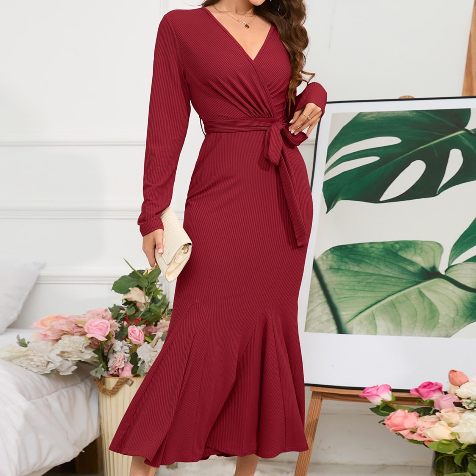 UPPADA Womens Cocktail Dress Long Sleeve Wedding Guest Dress Side Slit Cute Gown Formal Swing ...