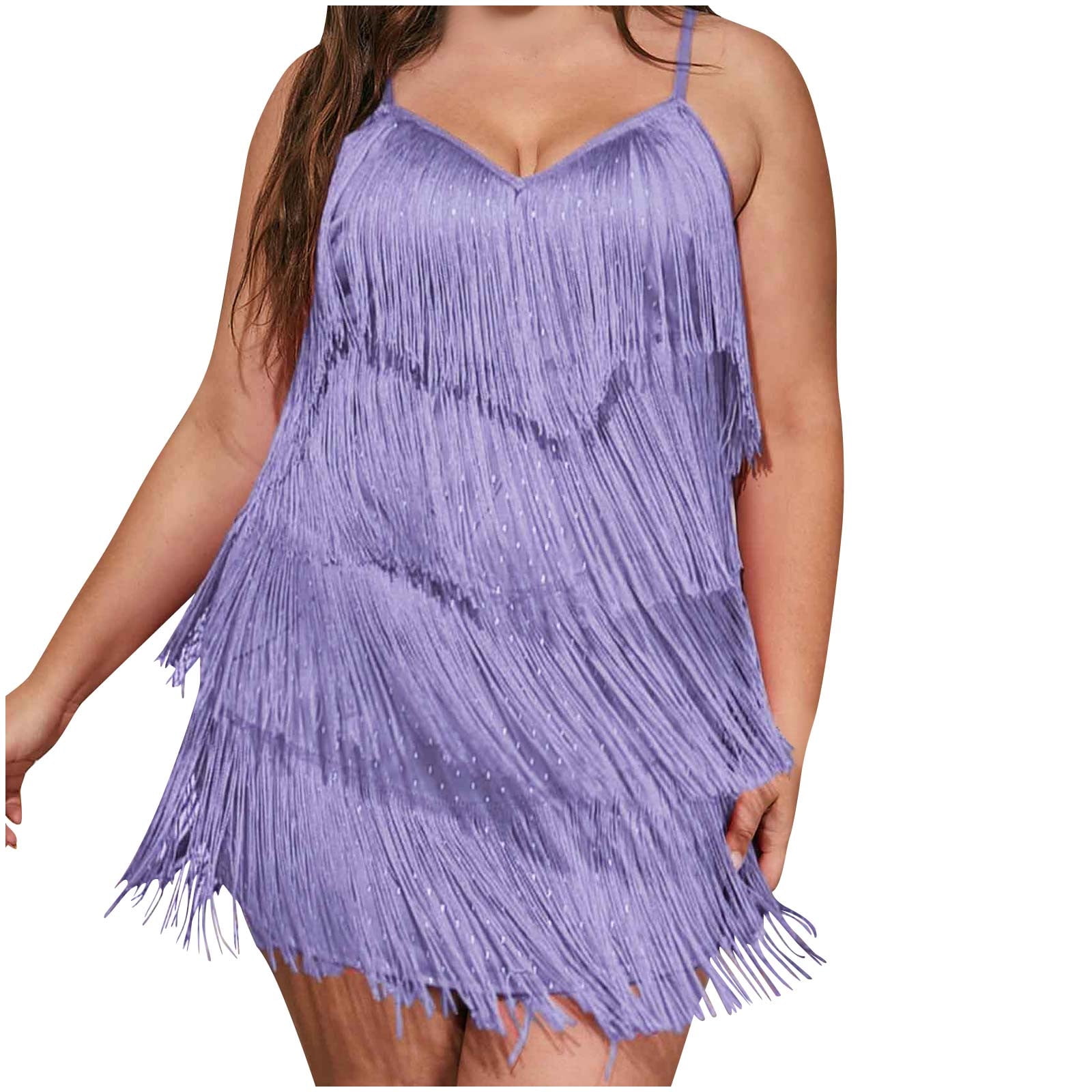 Uppada Womens Plus Size Layered Fringe Dress Deep V Neck Cami Mini ...