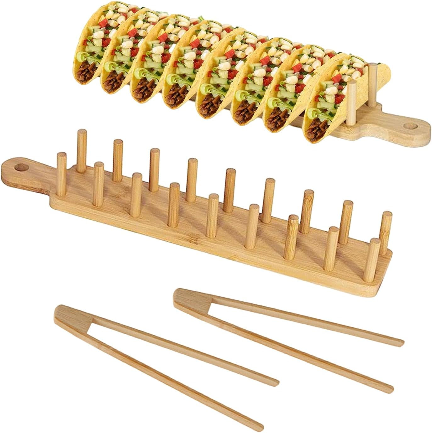 Upriver 2 Pcs Bamboo Taco Holder with 2 Tongs Each Holds 8 Soft or Hard ...