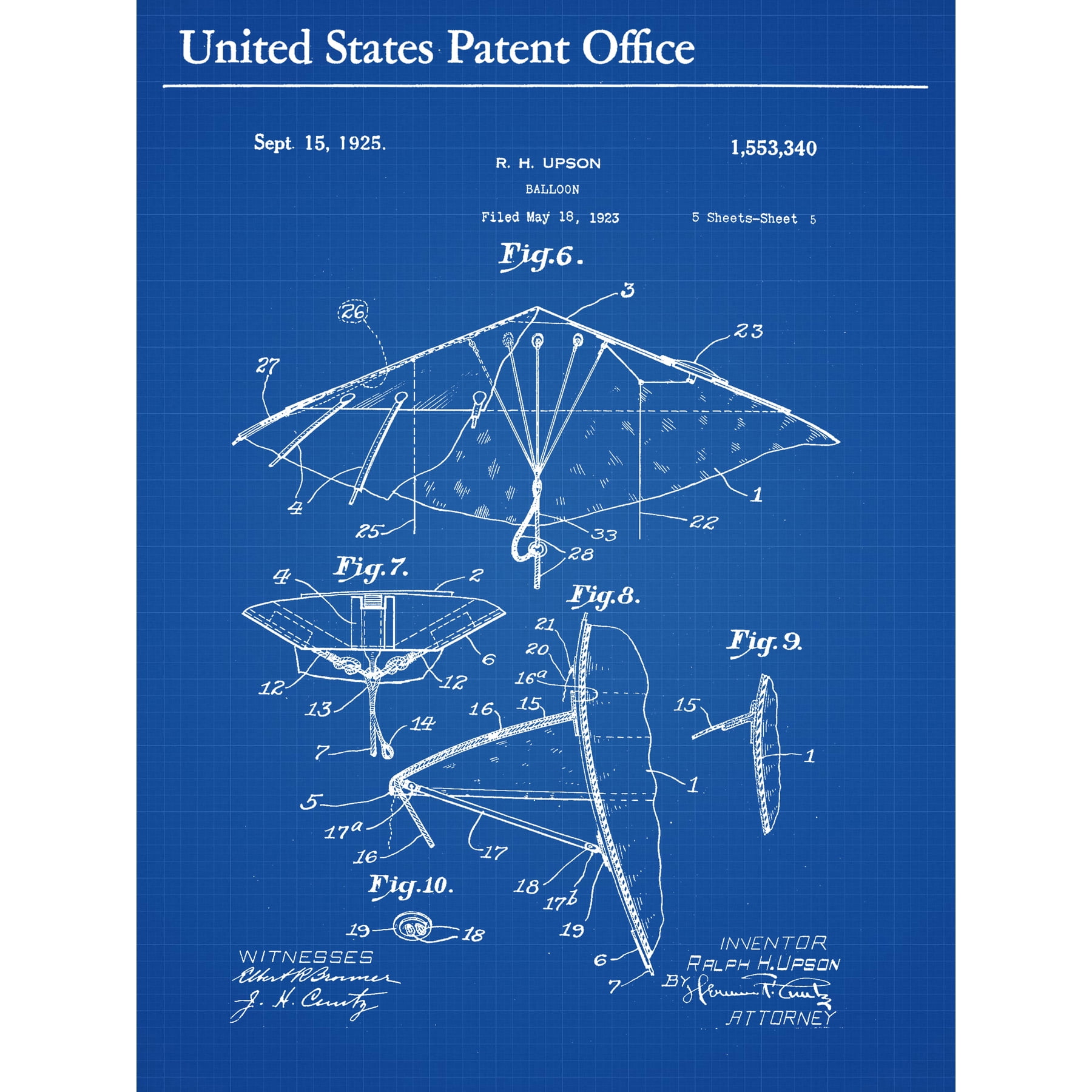 Upson Air Balloon 1925 Vintage Detail Patent Plan Extra Large XL Wall ...