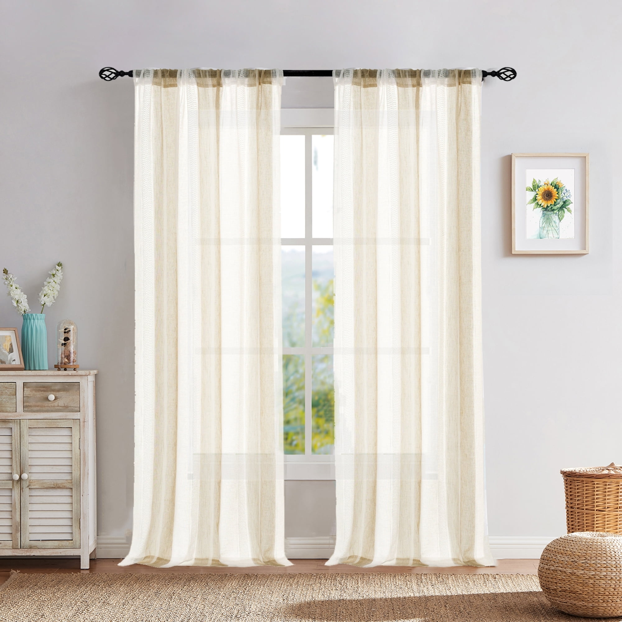 Uptown Home Beige White Boucle Linen Stripe Country Style Curtain for ...