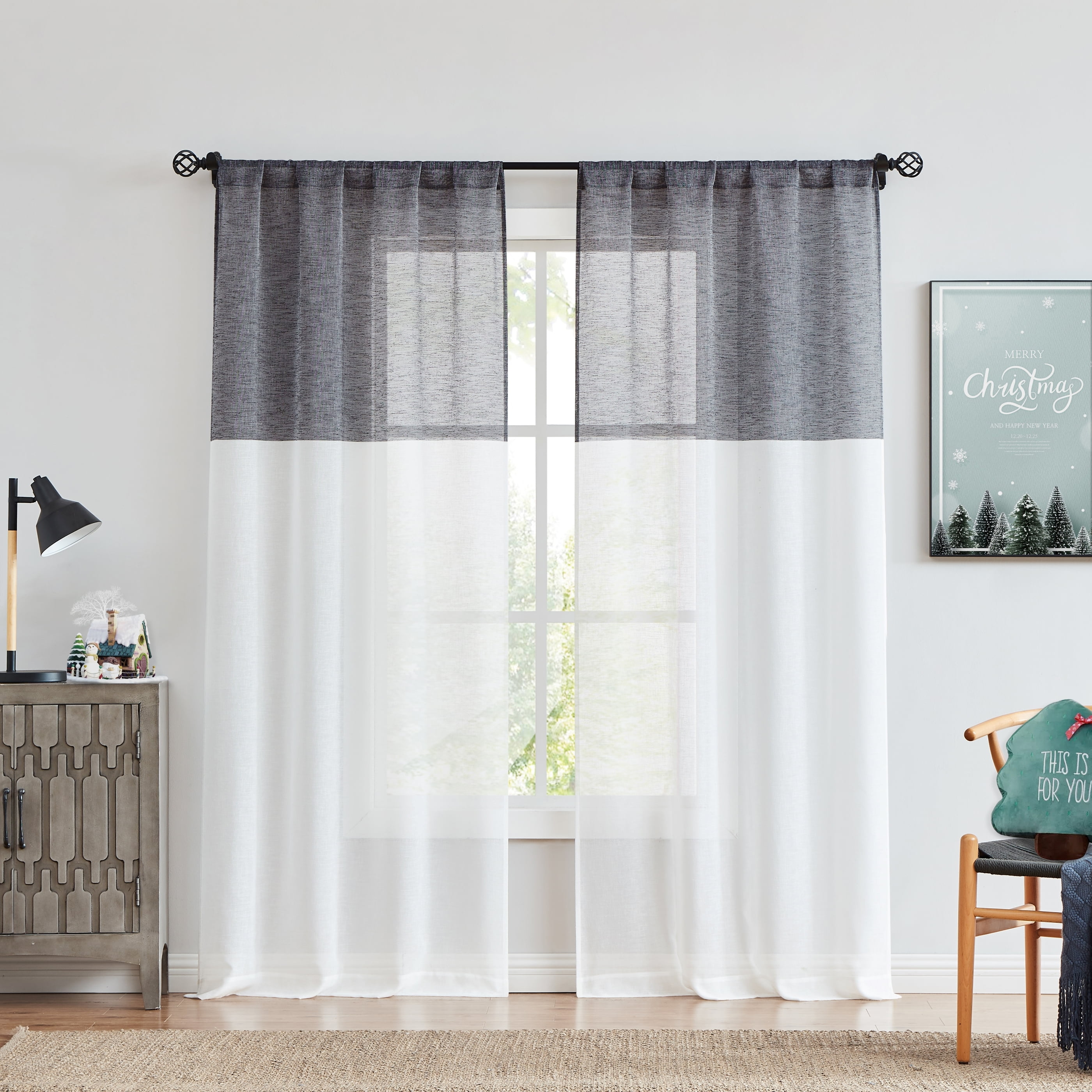 Uptown Home Black White Color Block Linen Window Curtain Panels Provide ...