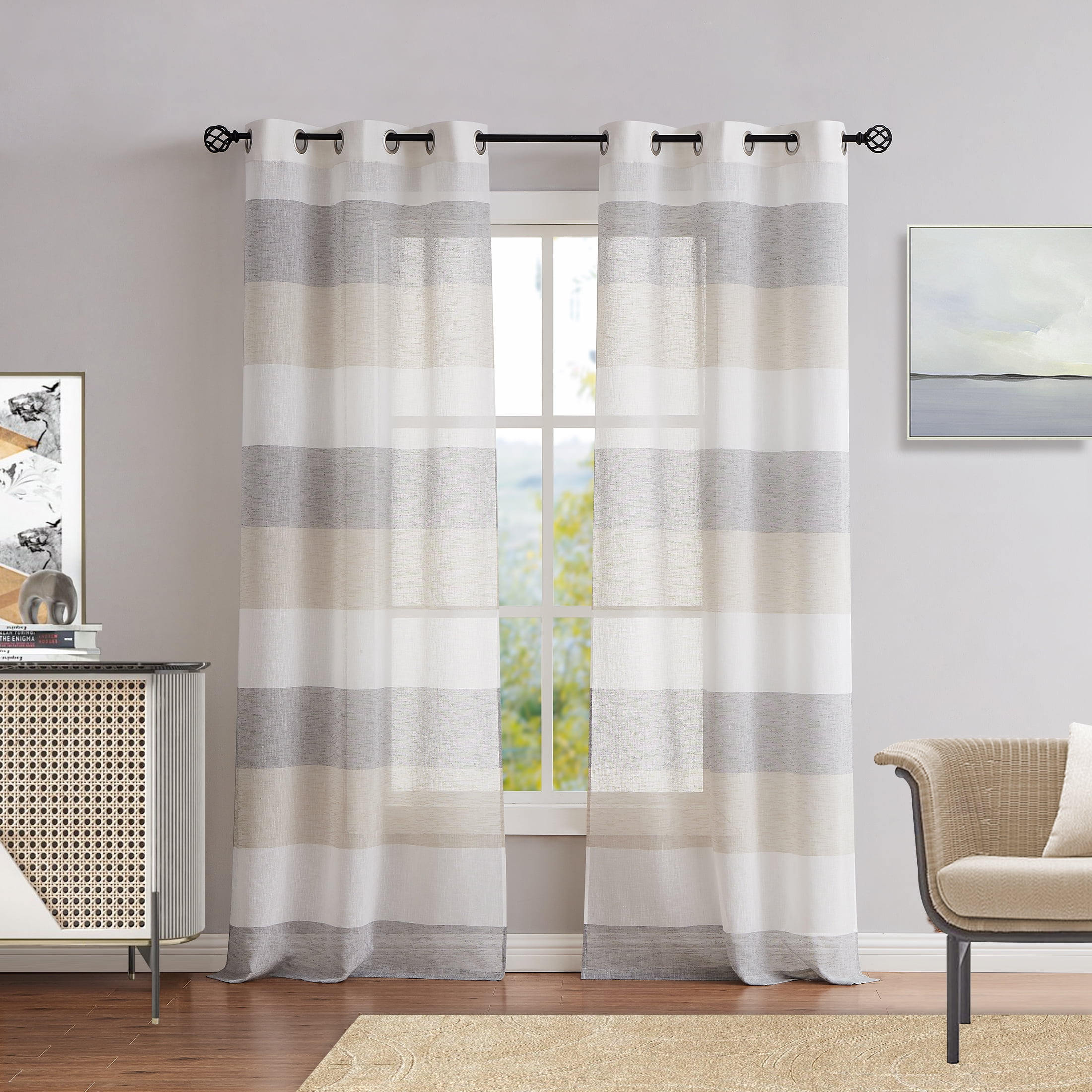Uptown Home Gray Tan Stripe Color Block Window Sheer Curtain Panel for ...