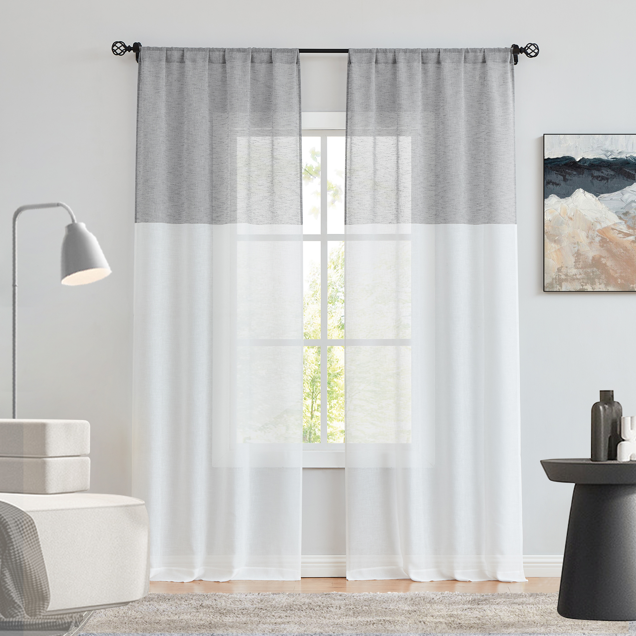 Uptown Home Gray White Color Block Sheer Farmhouse Window Curtain ...