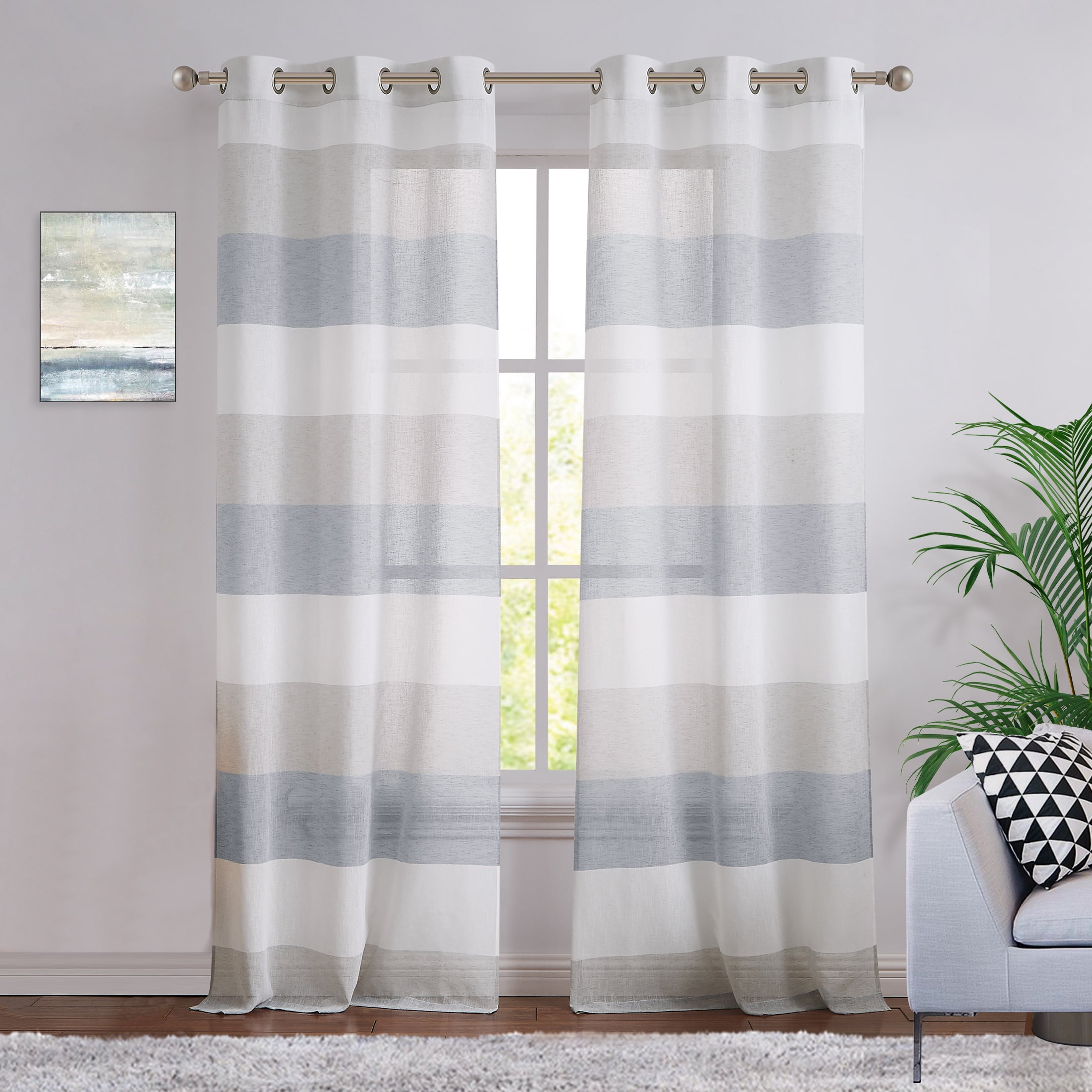 Uptown Home Gray and Smoke Blue Stripe Color Block Window Sheer Curtain ...