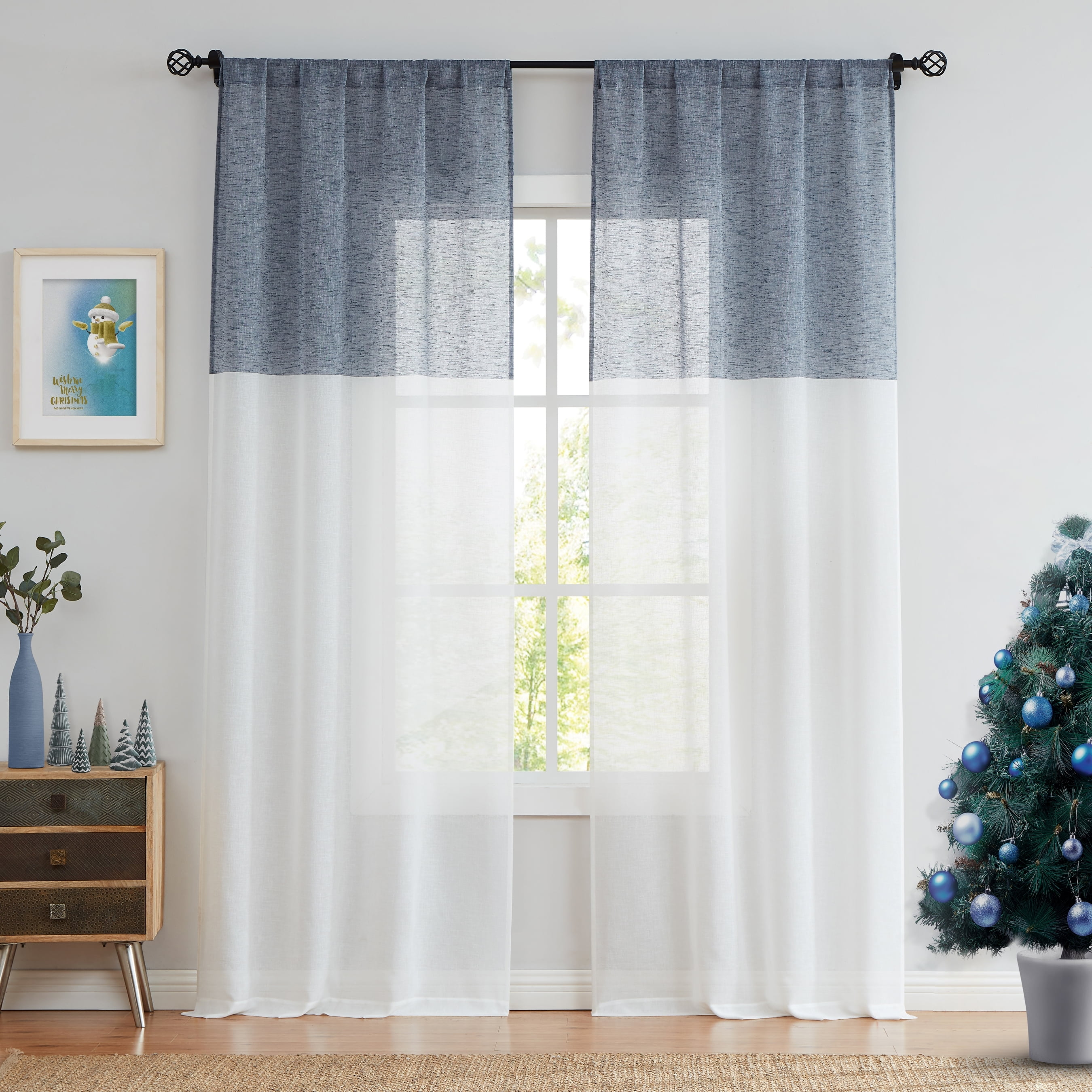 Uptown Home Navy White Color Block Linen Window Curtain Panels Provide ...
