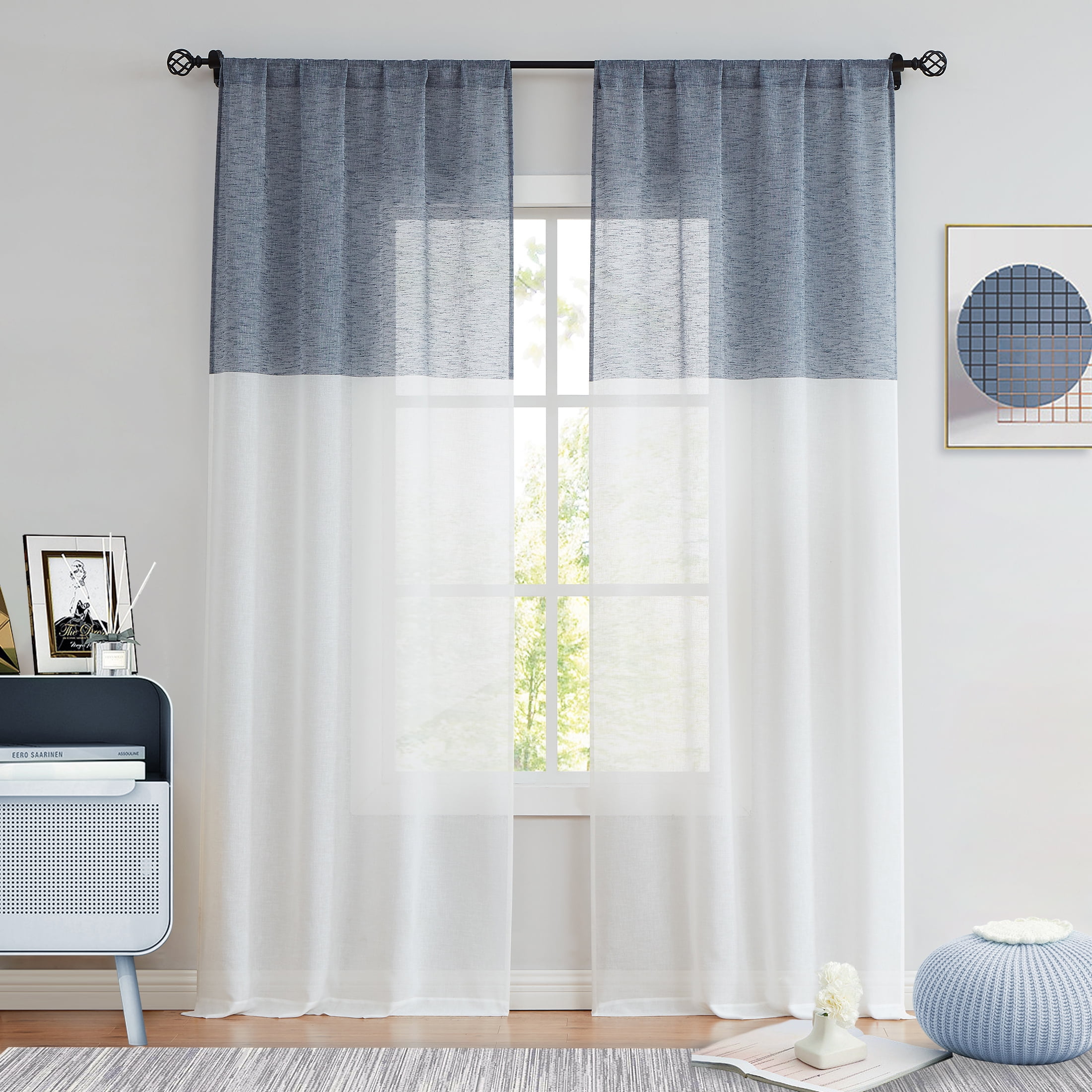 Uptown Home Navy White Sheer Linen Rustic Drapes for Bedroom Color ...