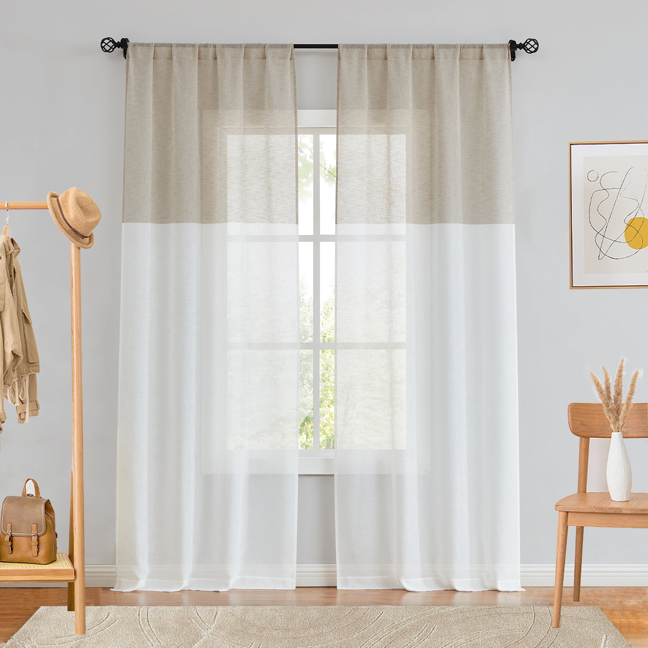 "Uptown Home Tan & White Sheer Curtain Panels, Linen Drape w/ Rod ...