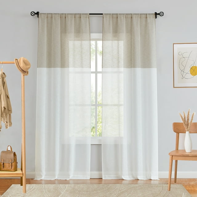 "Uptown Home Tan & White Sheer Curtain Panels, Linen Drape w/ Rod ...