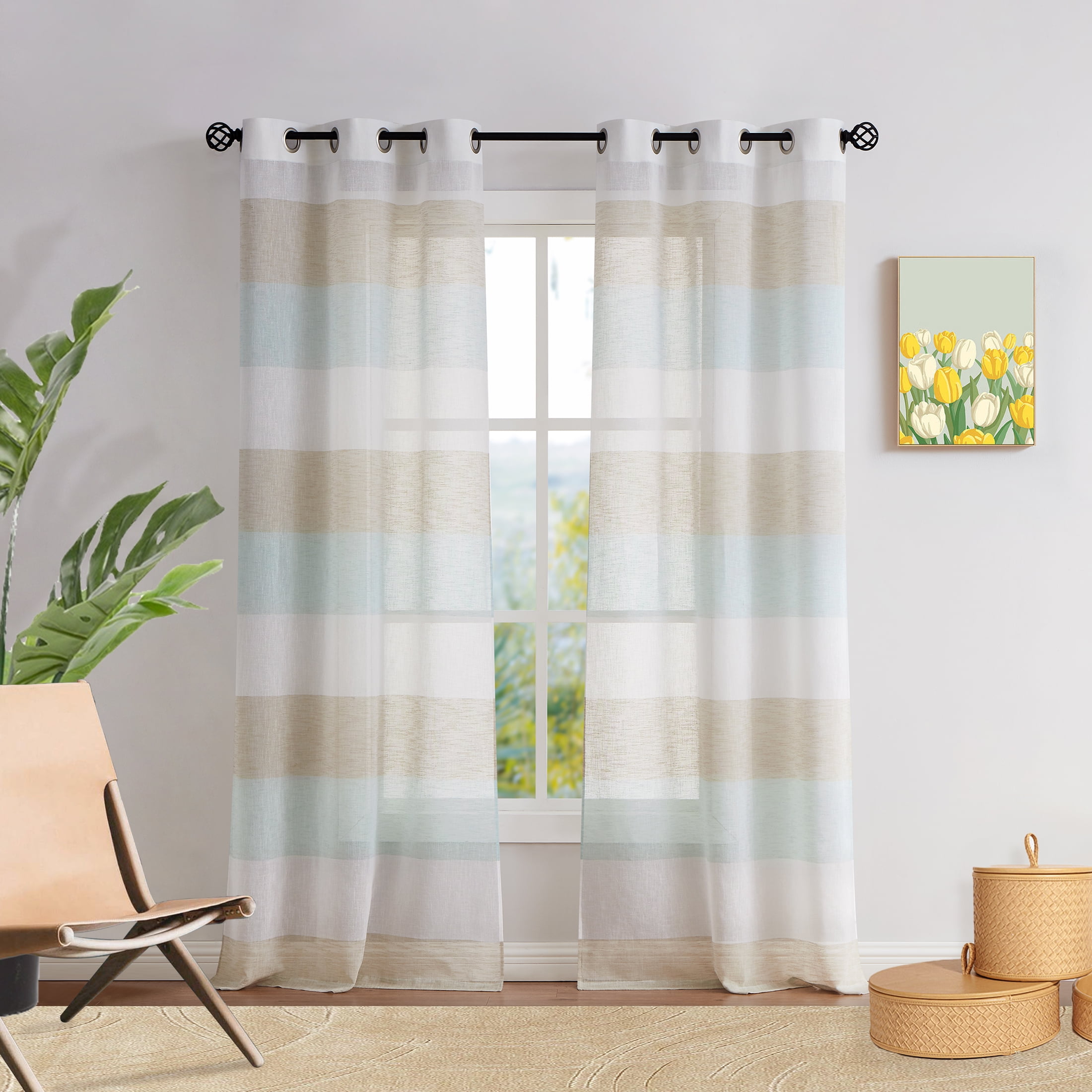 Uptown Home Tan and Spa Blue Color Block Grommets Window Sheer Curtain ...