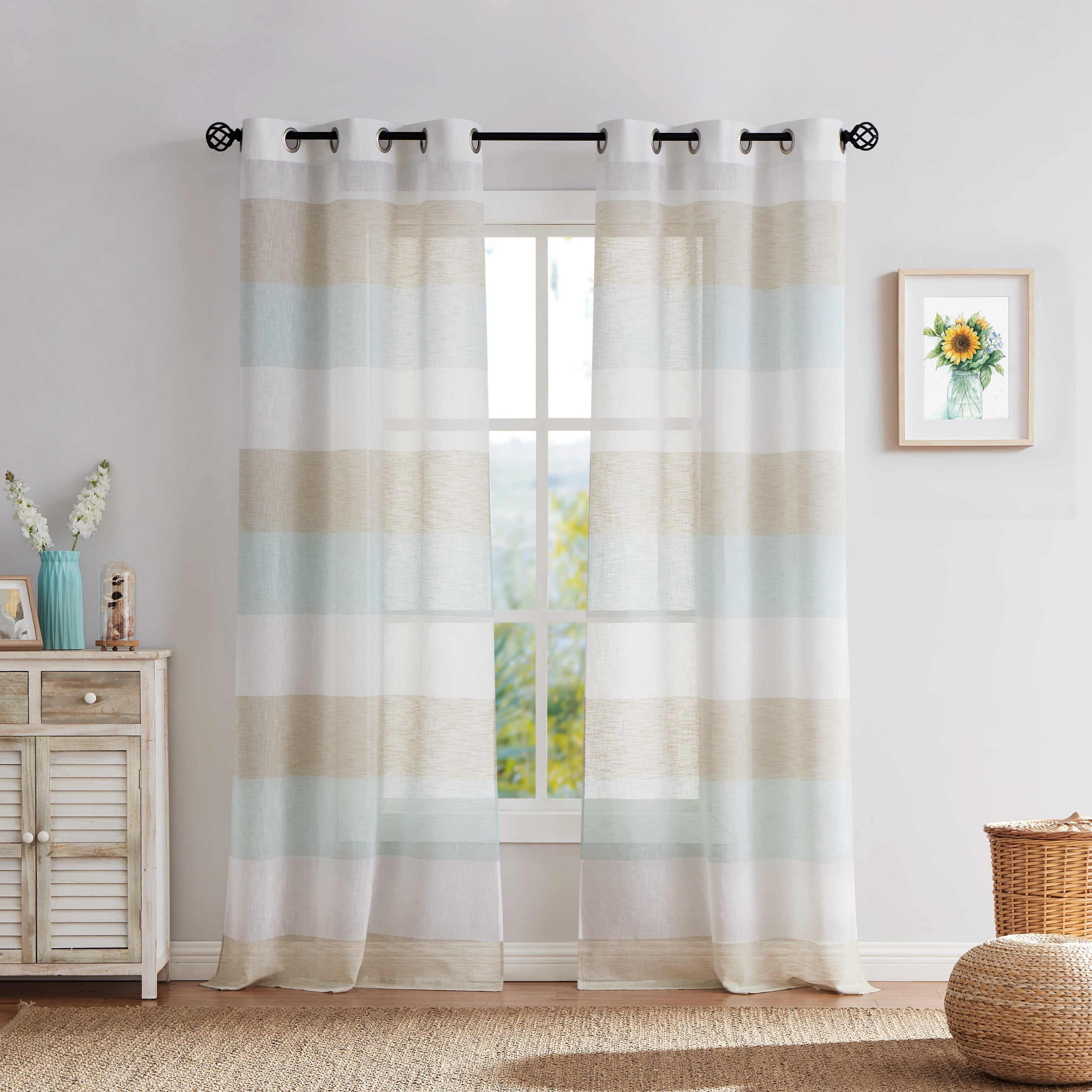 Uptown Home Tan & Spa Blue Stripe Sheer Curtain Panel, Linen Texture ...
