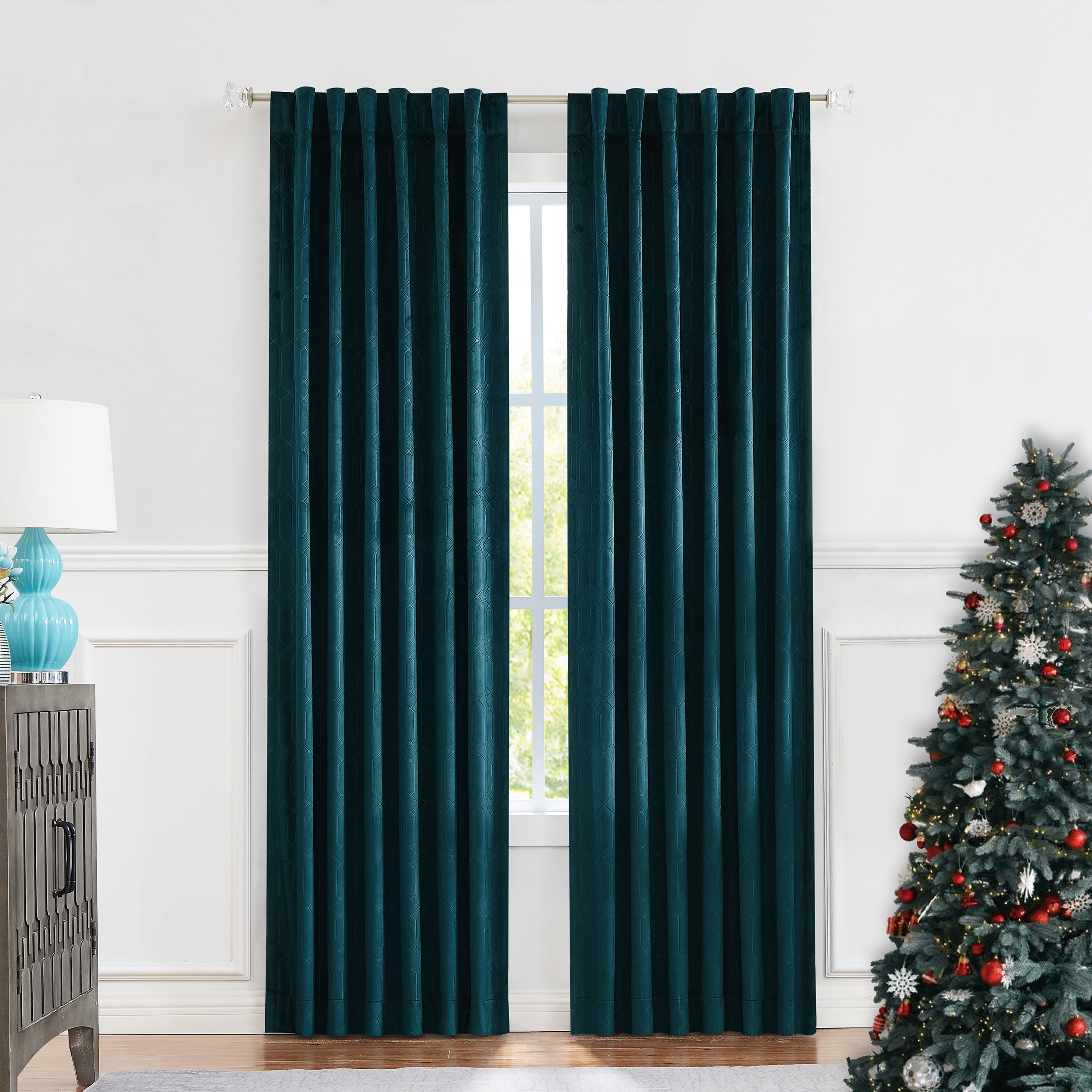 Uptown Home Teal Green Velvet Blackout Window Curtain Panels Block ...