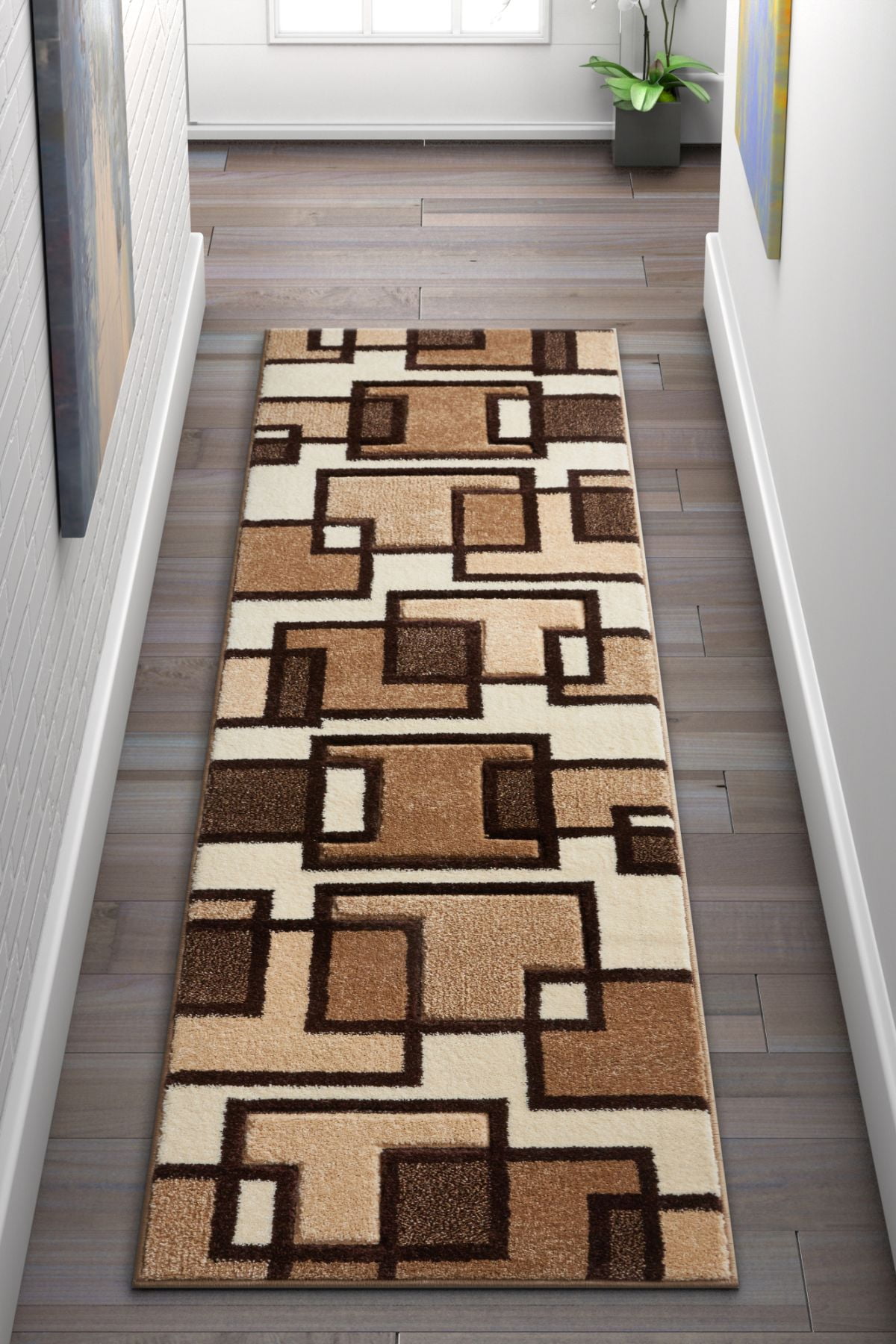 Uptown Squares Ivory & Brown Modern Geometric Comfy Casual Hand Carved ...