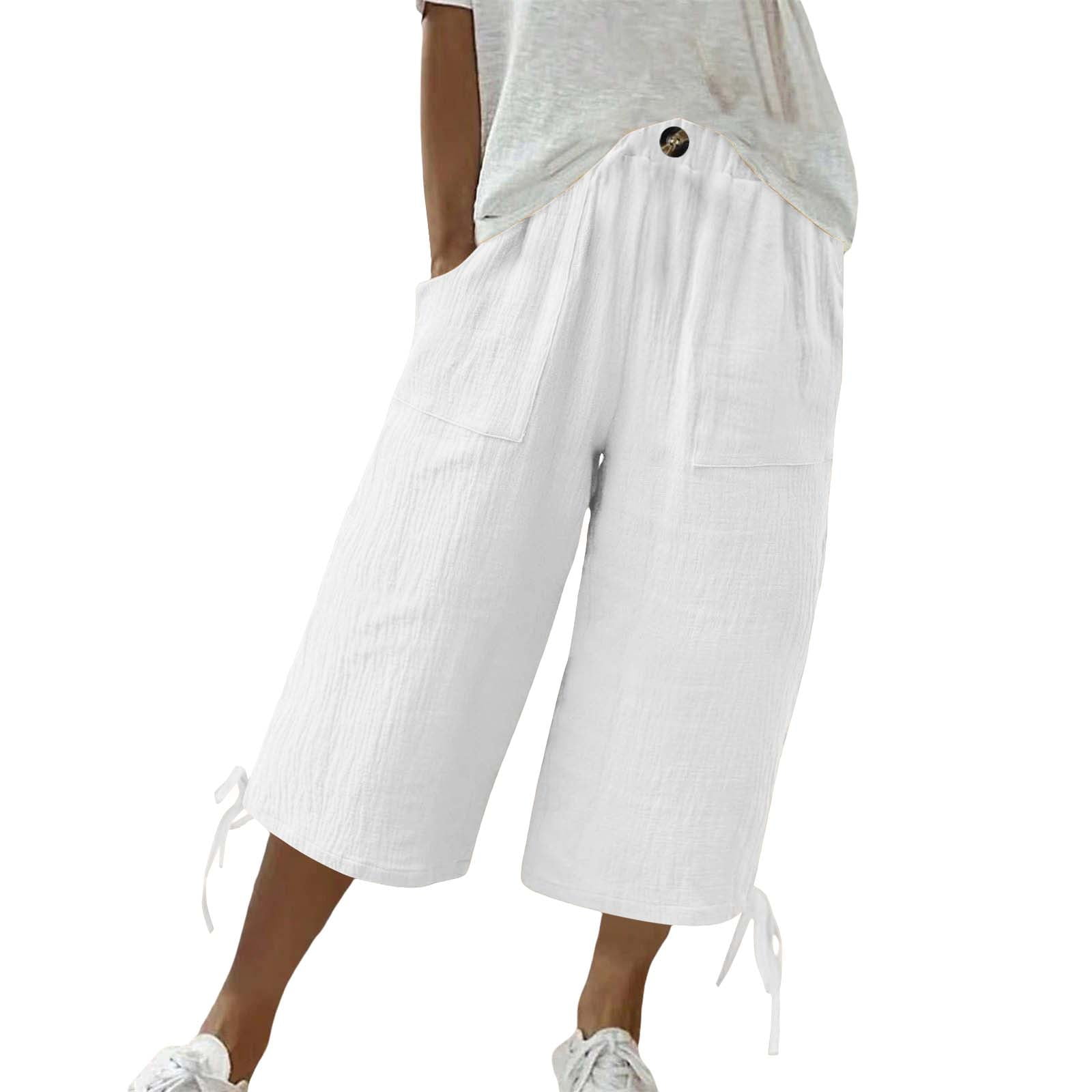 Uqiangy Linen Palazzo Trousers Women's Linen Wide Leg Capri Pants Waist ...