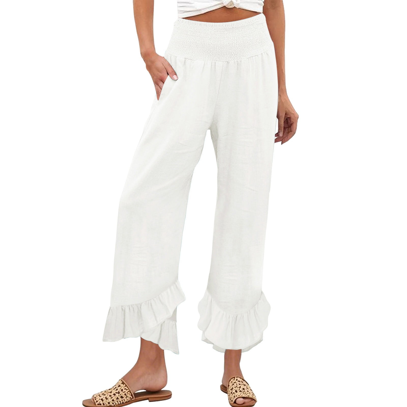 Uqiangy Ruffle Bottom Pants For Women Stretchy Linen Pants Women Beach ...