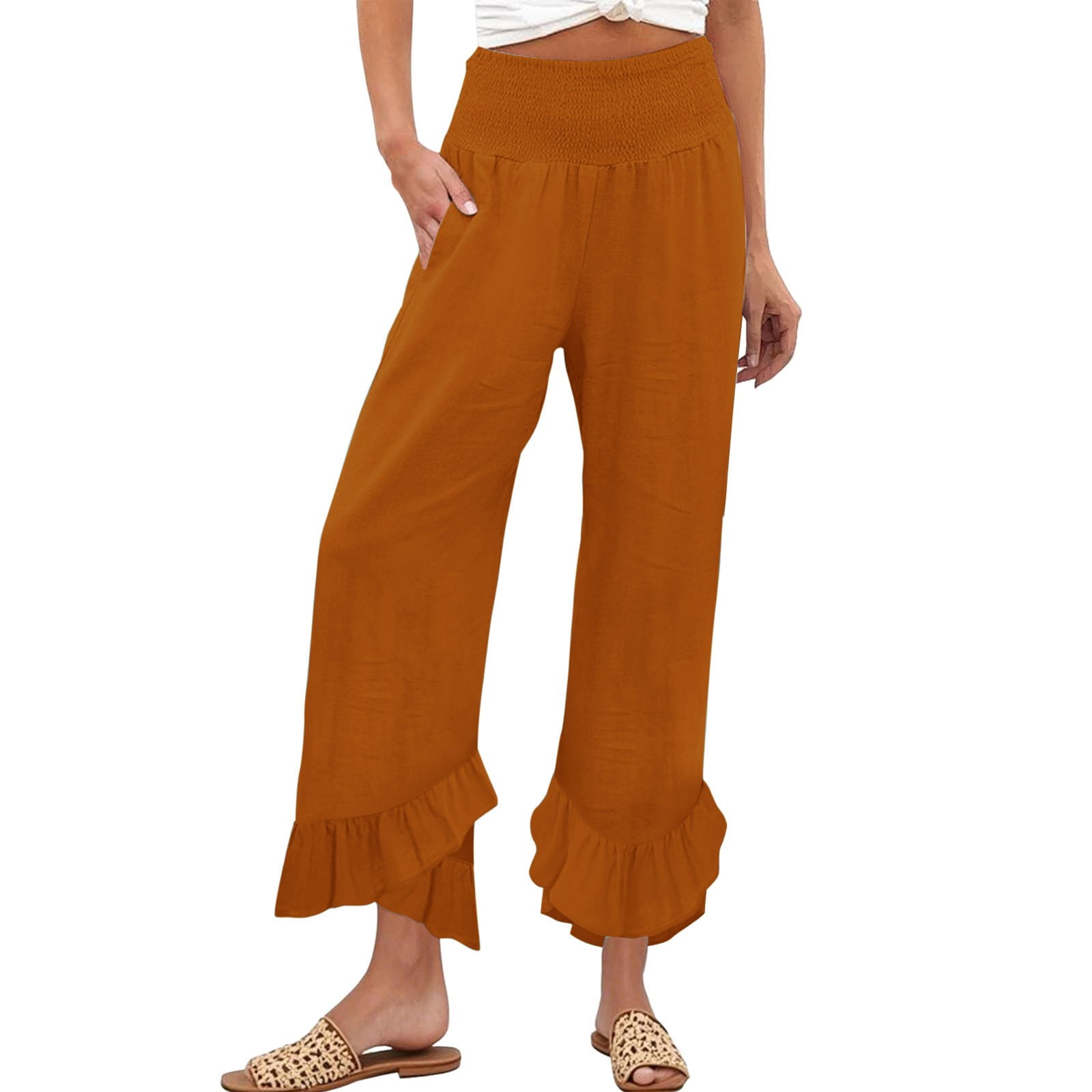 Uqiangy Ruffle Bottom Pants For Women Stretchy Linen Pants Women Beach ...