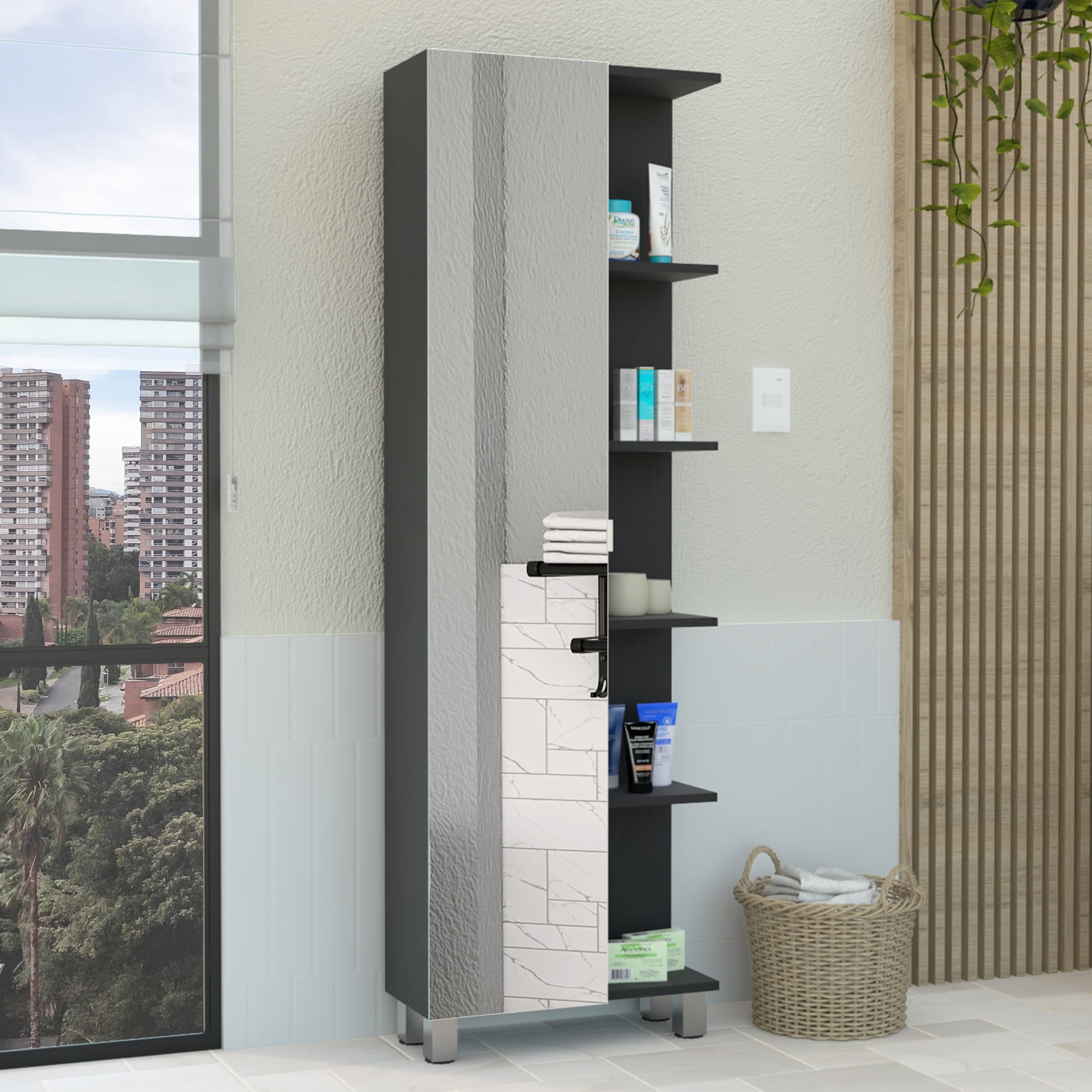 Urano Mirror Linen Cabinet Four Interior Shelves Five External Shelves ...