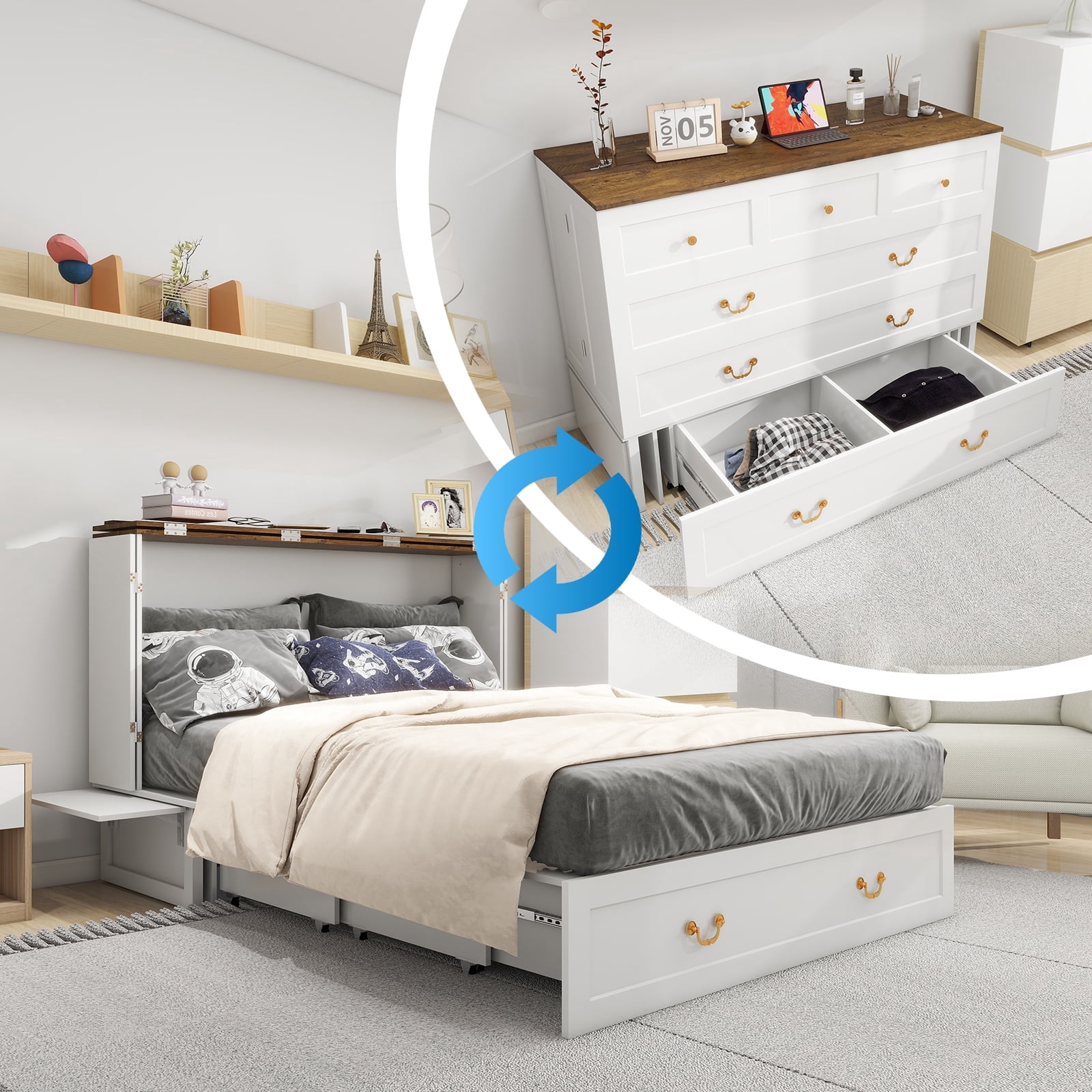 UrbEleg Queen Size Murphy Bed with Drawer,w/Pulley Structure Design,for ...
